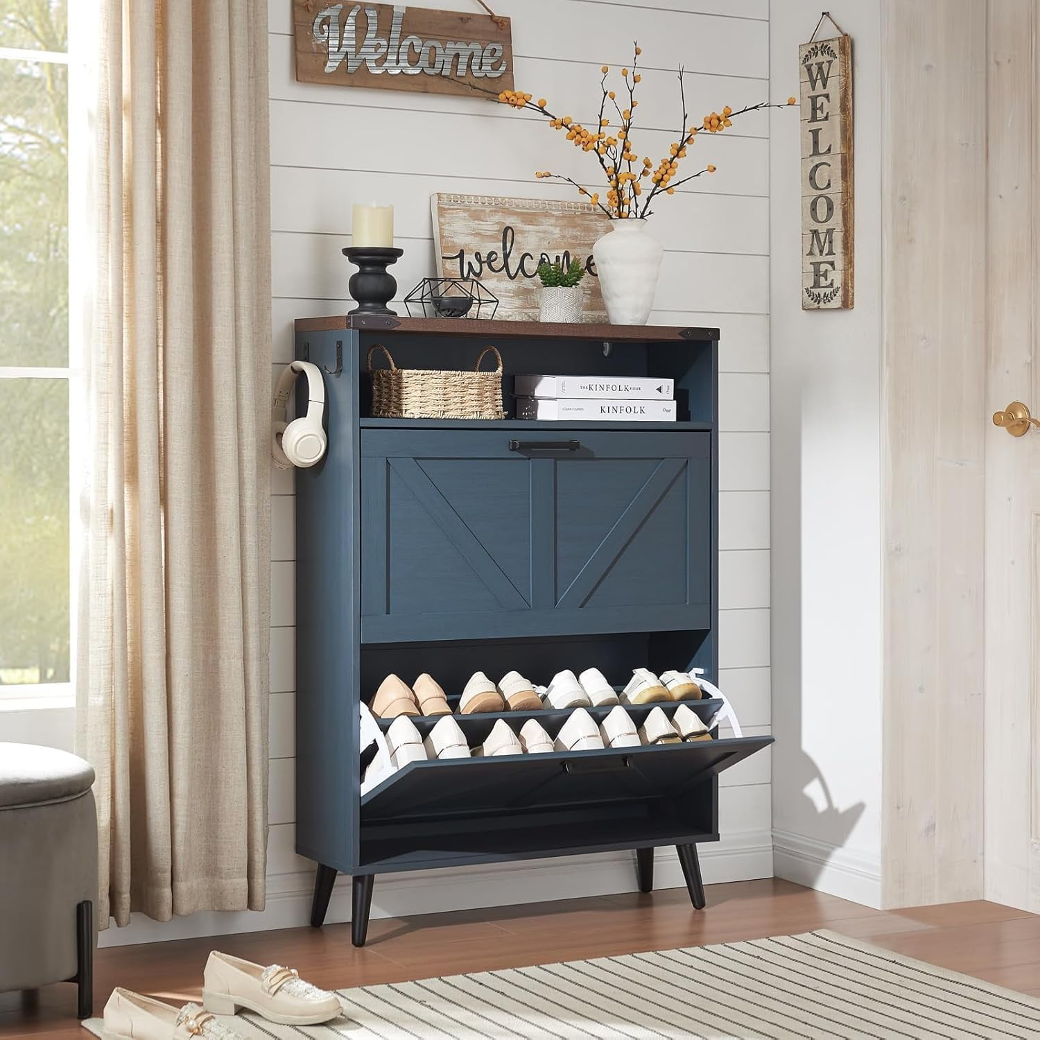Shoe Storage Cabinet,Farmhouse Shoe Organizer with 2 Flip Drawers ...