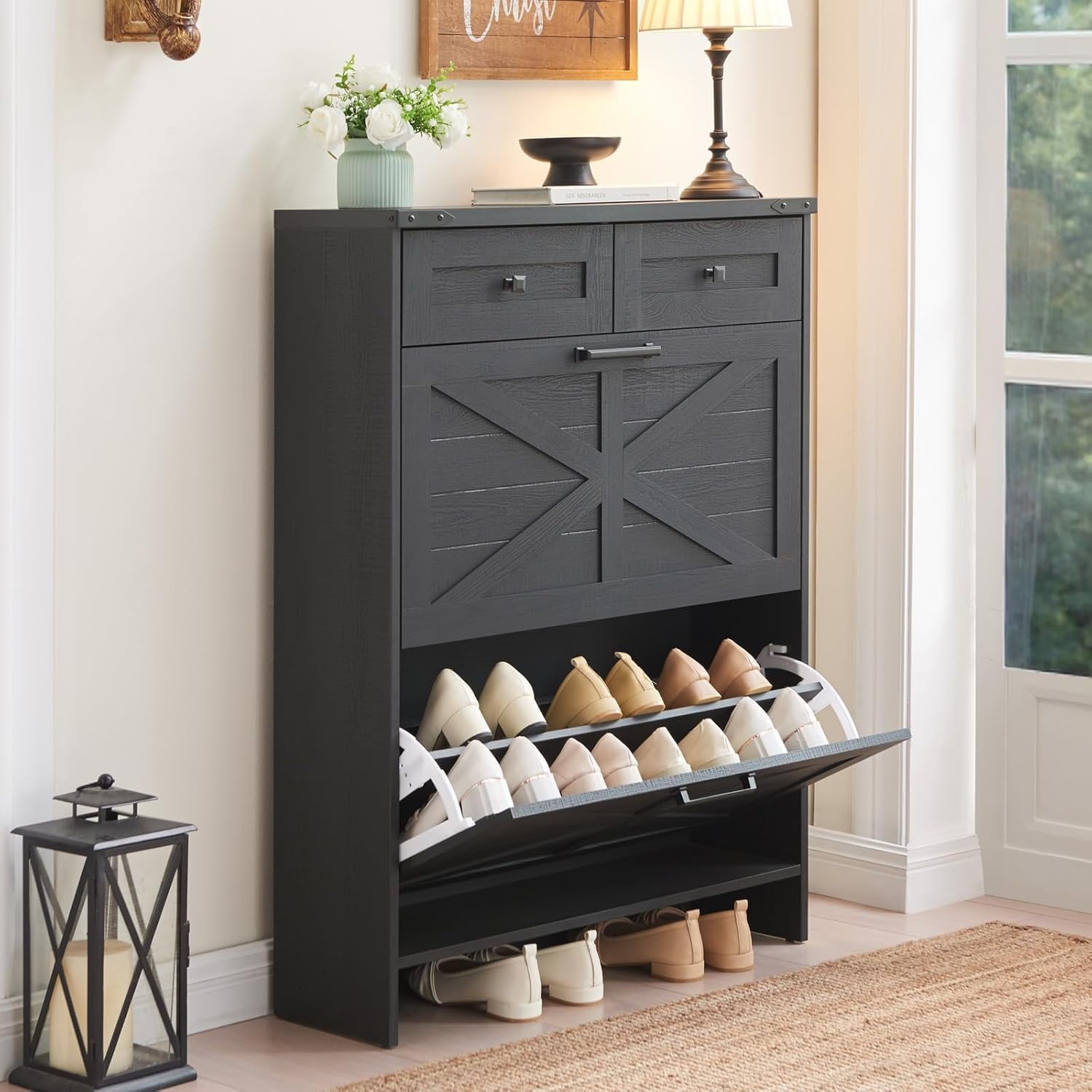 Shoe Storage Cabinet, Farmhouse Shoe Organizer with 2 Hidden Flip ...