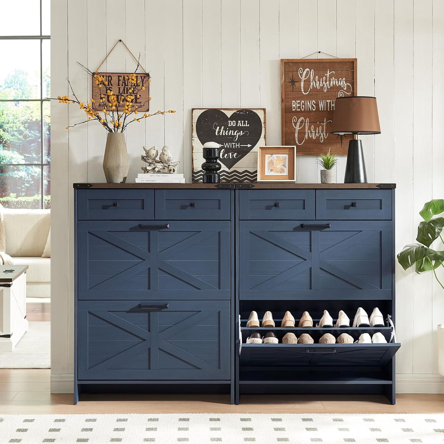Shoe Storage Cabinet, Farmhouse Shoe Organizer with 2 Hidden Flip ...