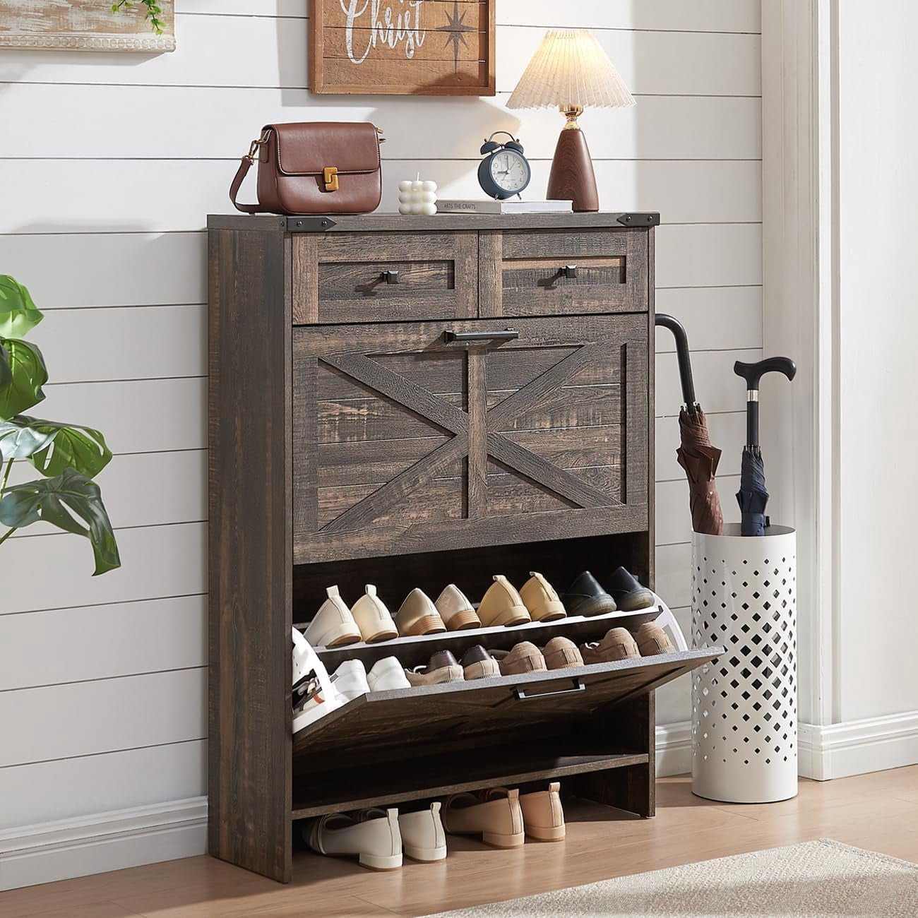 Shoe Storage Cabinet, Farmhouse Shoe Organizer with 2 Hidden Flip ...