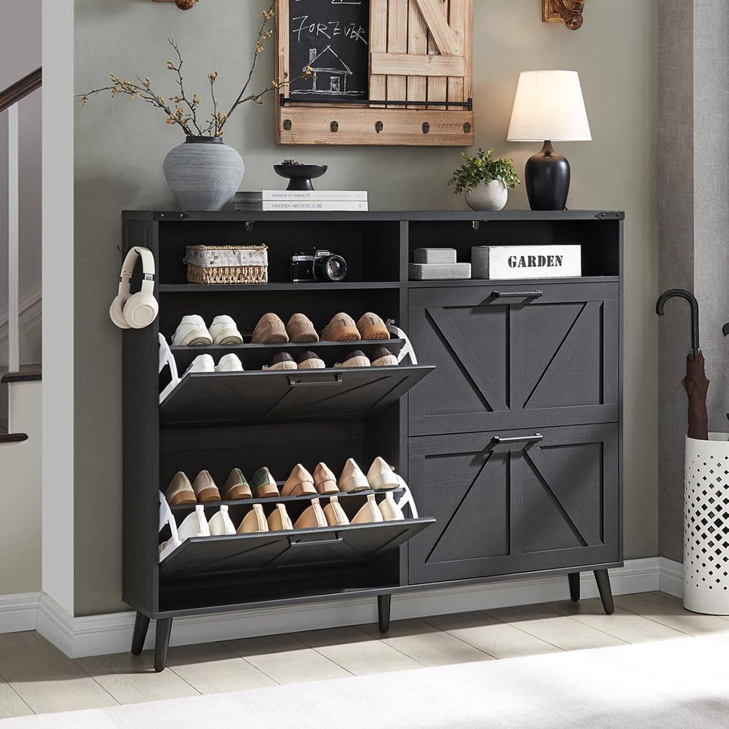 Shoe Storage Cabinet, Farmhouse Shoe Organizer with 4 Flip Drawers ...