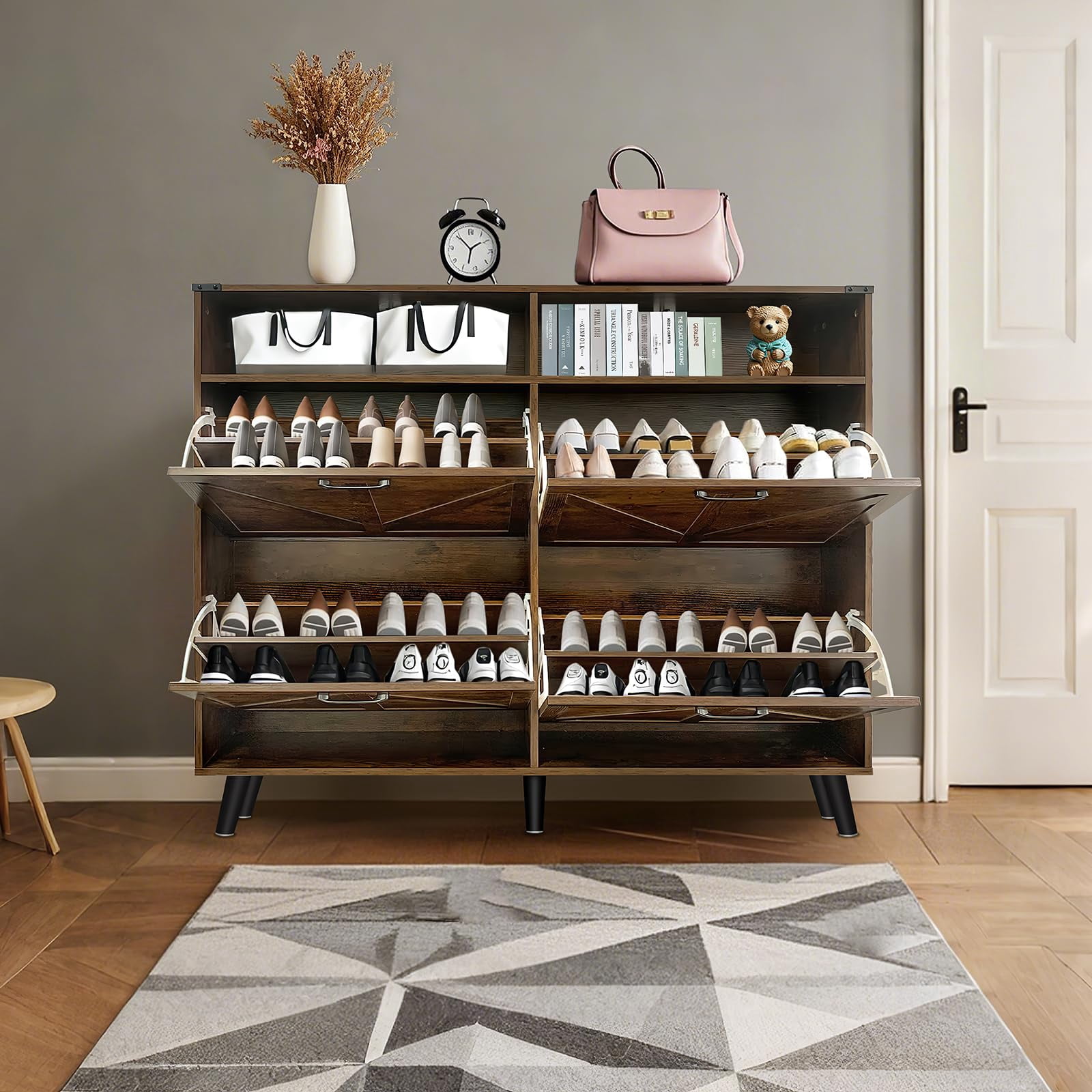 Shoe Storage Cabinet, Farmhouse Shoe Organizer with 4 Flip Drawers and ...