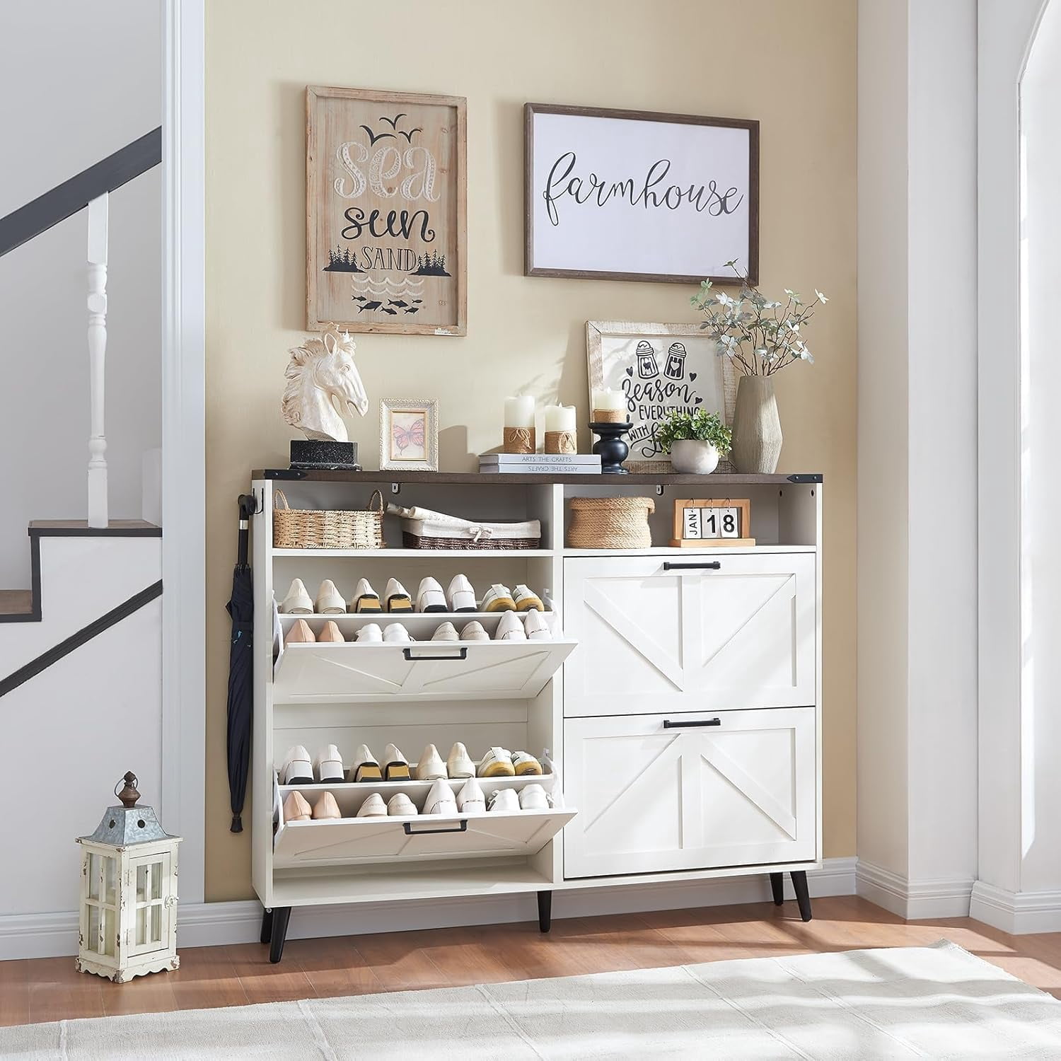 Shoe Storage Cabinet,Farmhouse Shoe Organizer with 2 Flip Drawers ...