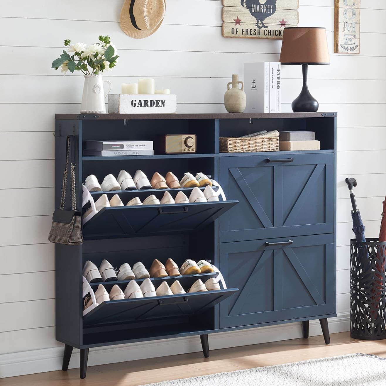 Shoe Storage Cabinet,Farmhouse Shoe Organizer with 2 Flip Drawers ...