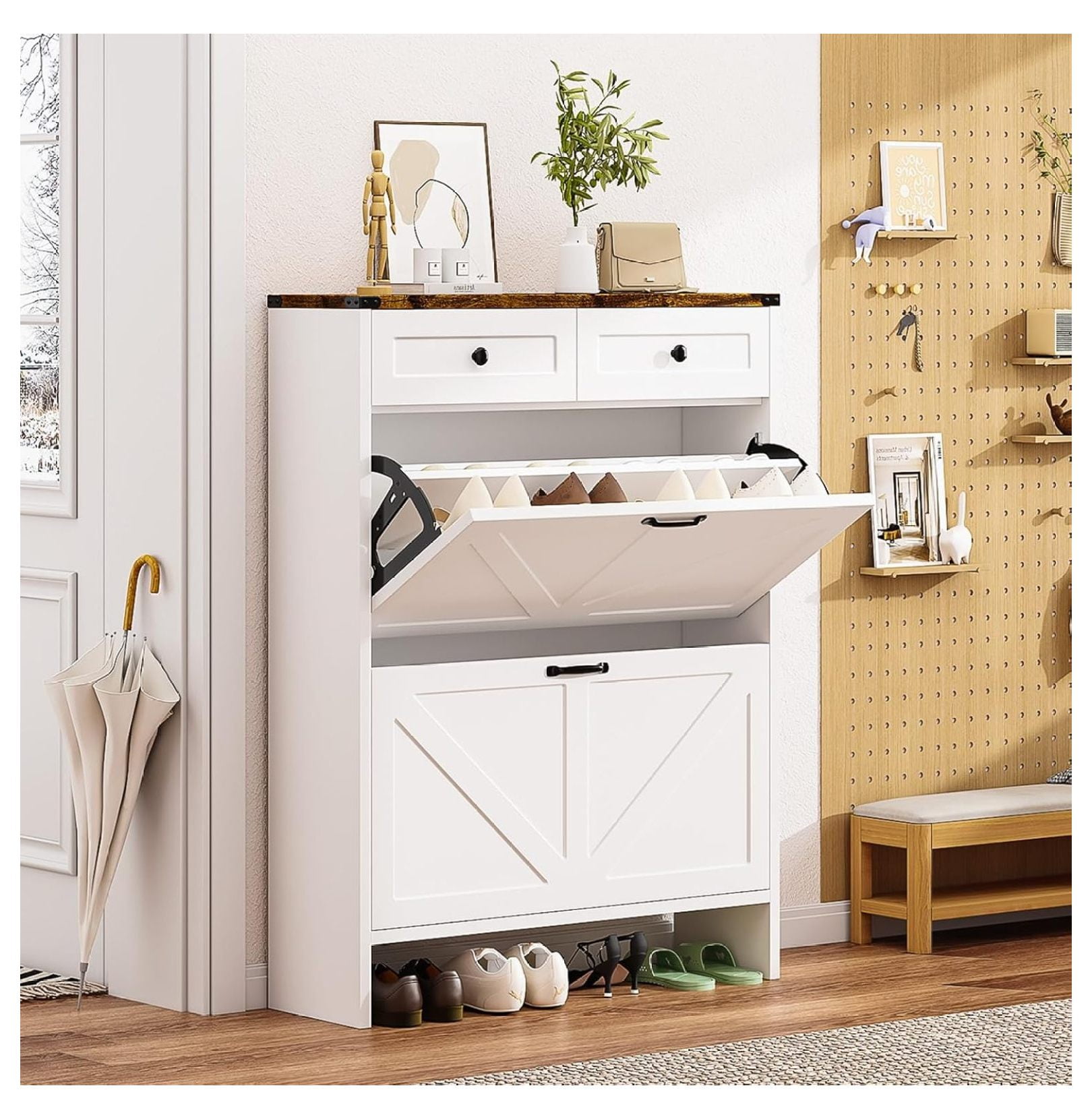 Shoe Storage Cabinet, Farmhouse Shoes Organizer with 2 Drawers & 2 ...