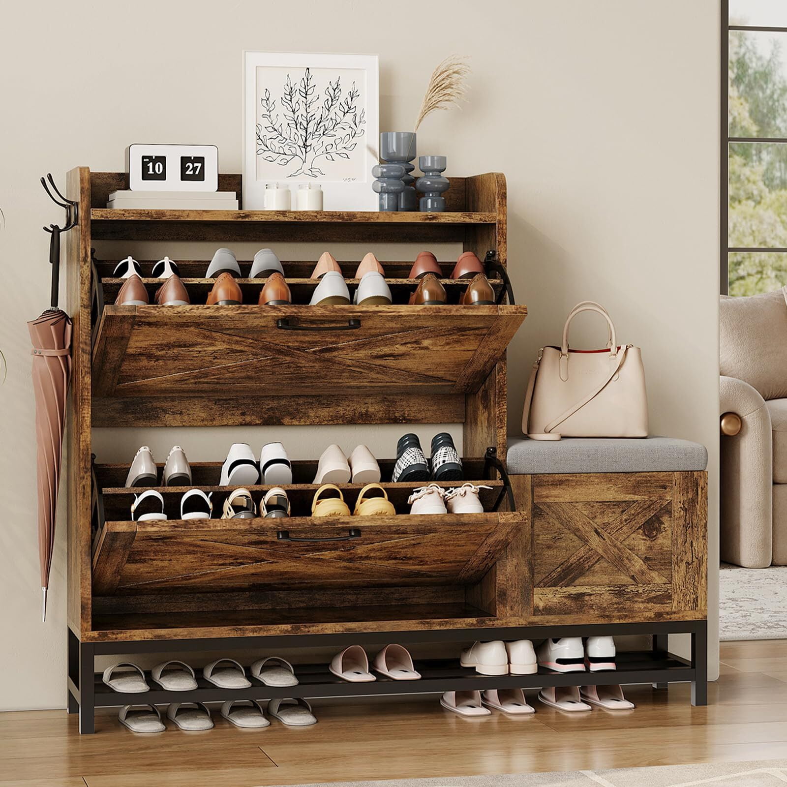 Shoe Storage Cabinet, Farmhouse Wood Shoe Organizer with 2 Flip Drawers ...