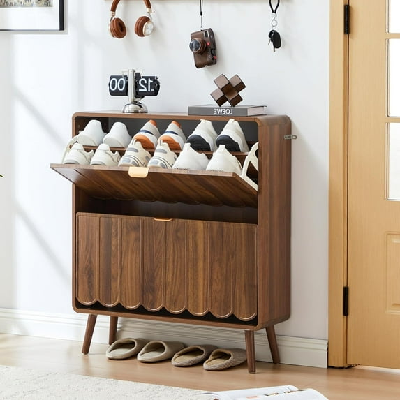 Shoe Storage Cabinet, Freestanding Narrow Wood Shoe Cabinet with Wave ...