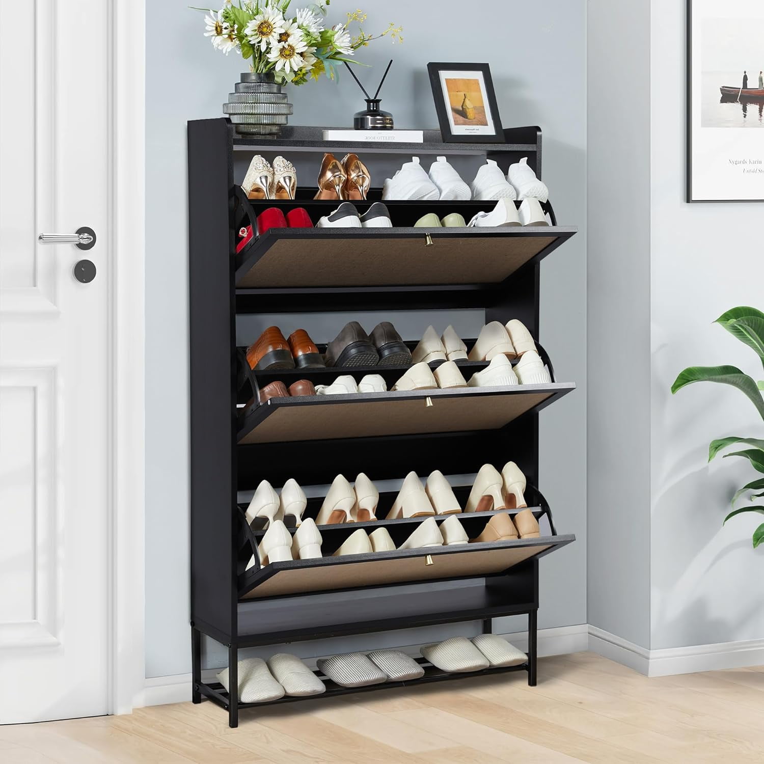 Shoe Storage Cabinet, Freestanding Wooden Shoe Rack with 3 Flip Drawers ...