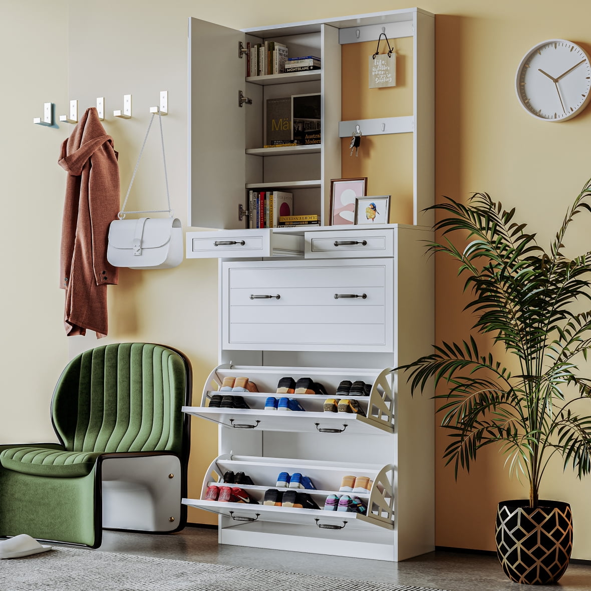 Shoe Storage Cabinet, Hall Tree with Shoe Storage and Mirror, Mudroom ...