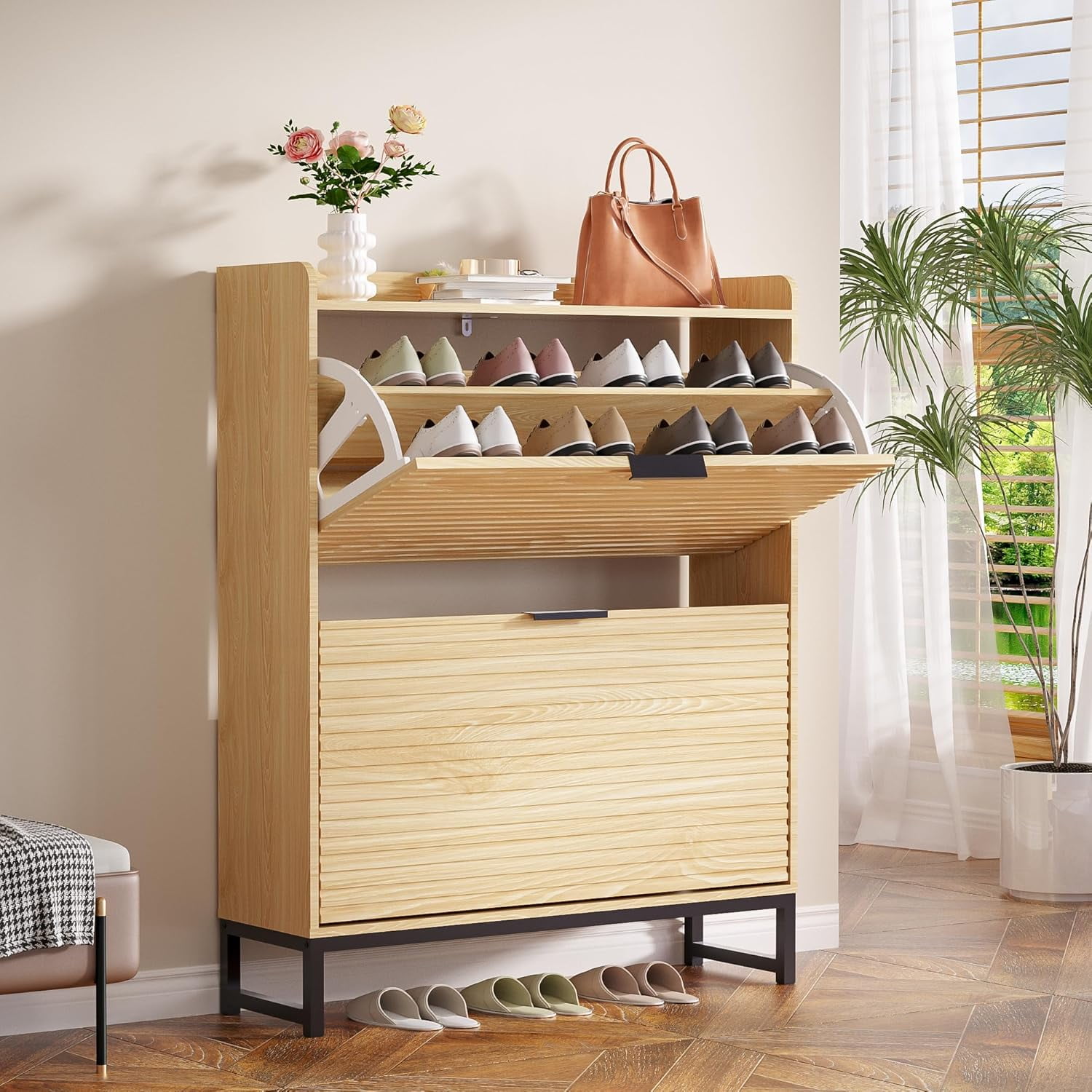 Shoe Storage Cabinet, Hidden Shoe Organizer with 2 Flip Drawers ...