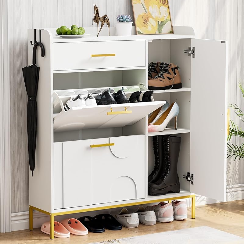 Shoe Storage Cabinet, Large Shoe Cabinet with Drawer, 2 Flip Drawers ...