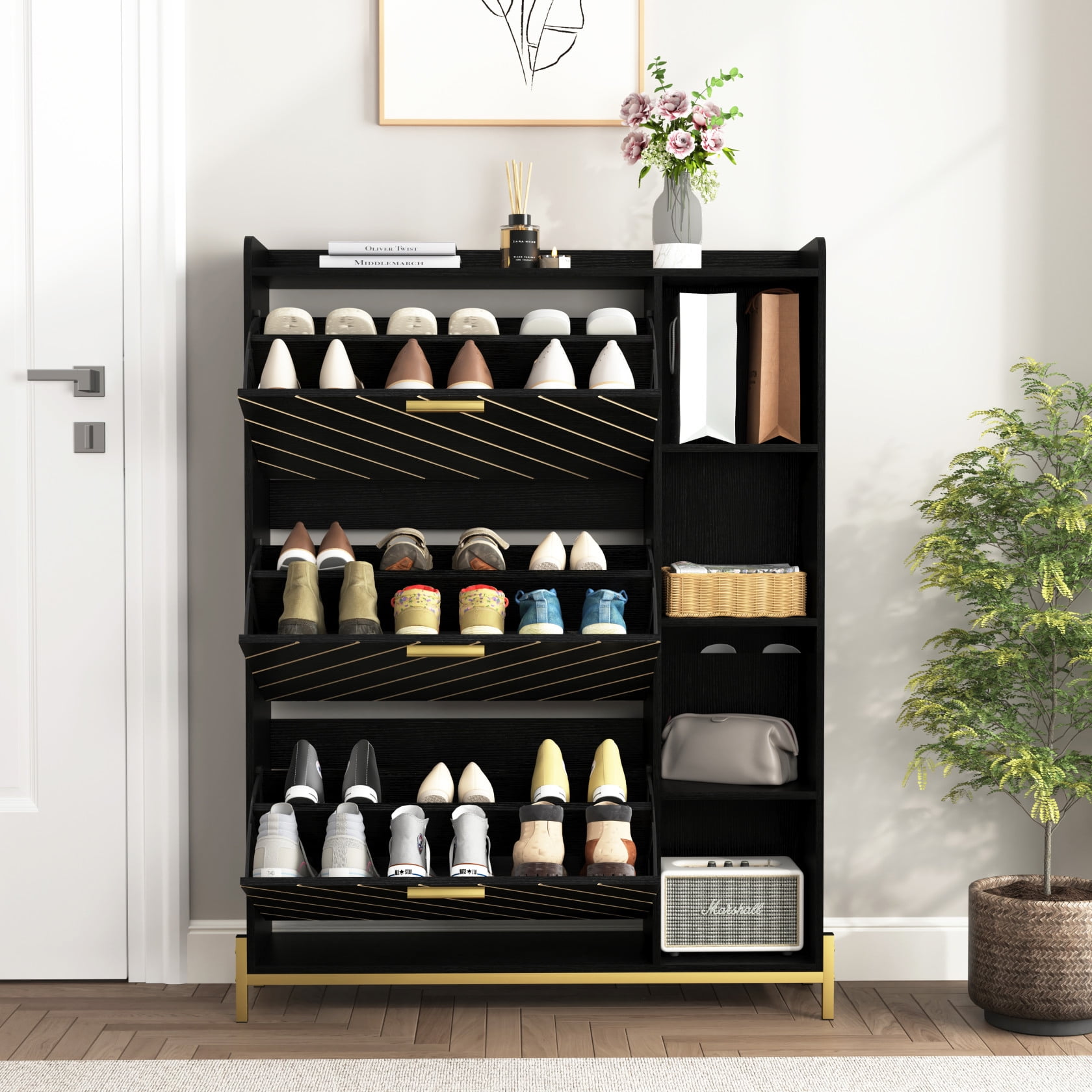 Shoe Storage Cabinet, Modern Narrow Hidden Shoe Rack with 3 Flip ...