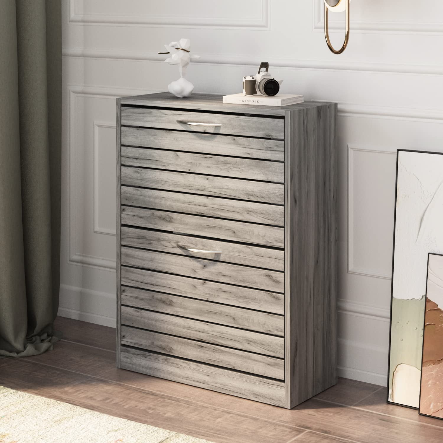 Shoe Storage Cabinet, Narrow Shoe Cabinet with 2 Drawers & Adjustable ...