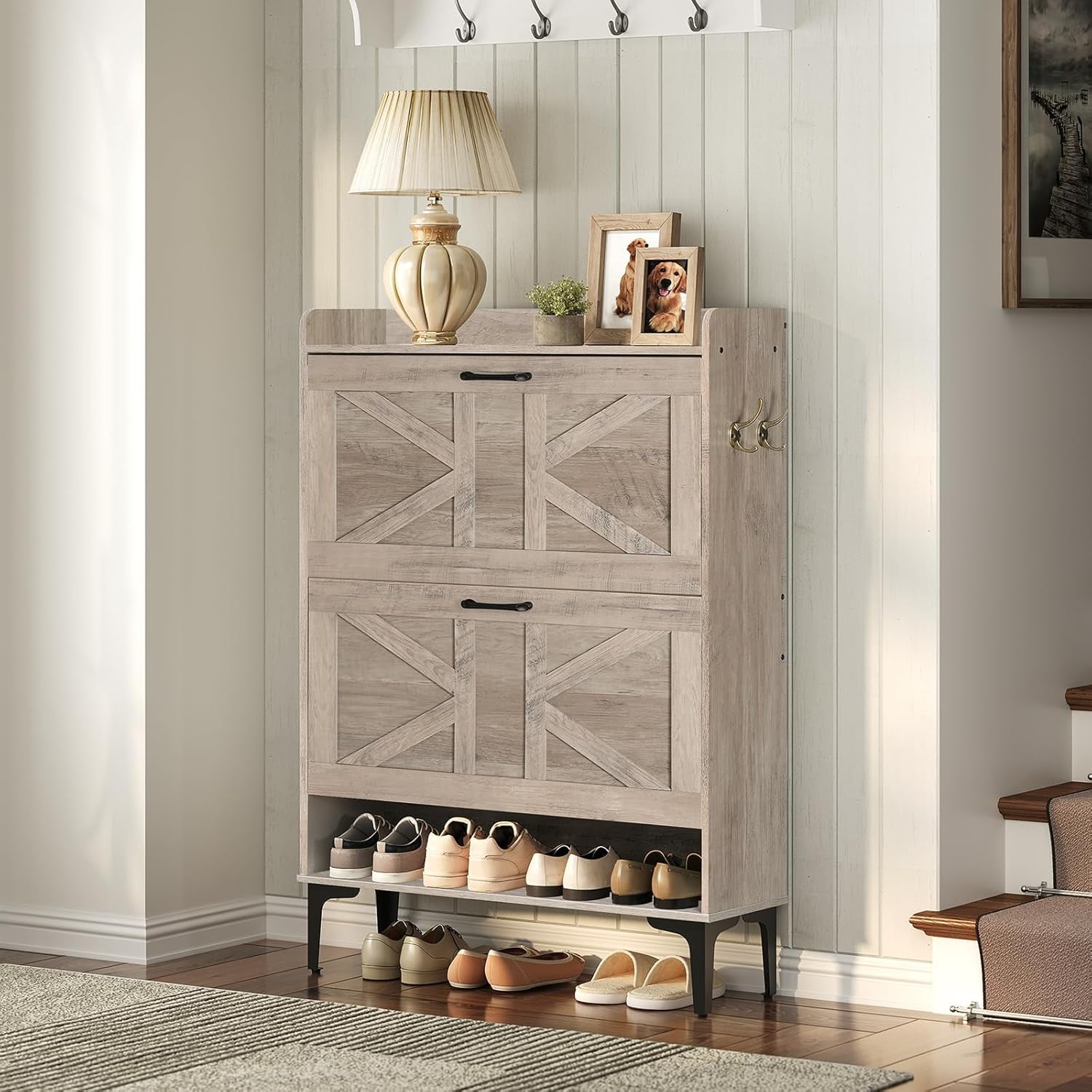 Shoe Storage Cabinet, Shoe Organizer with 2 Flip Drawers, Hidden Shoe ...