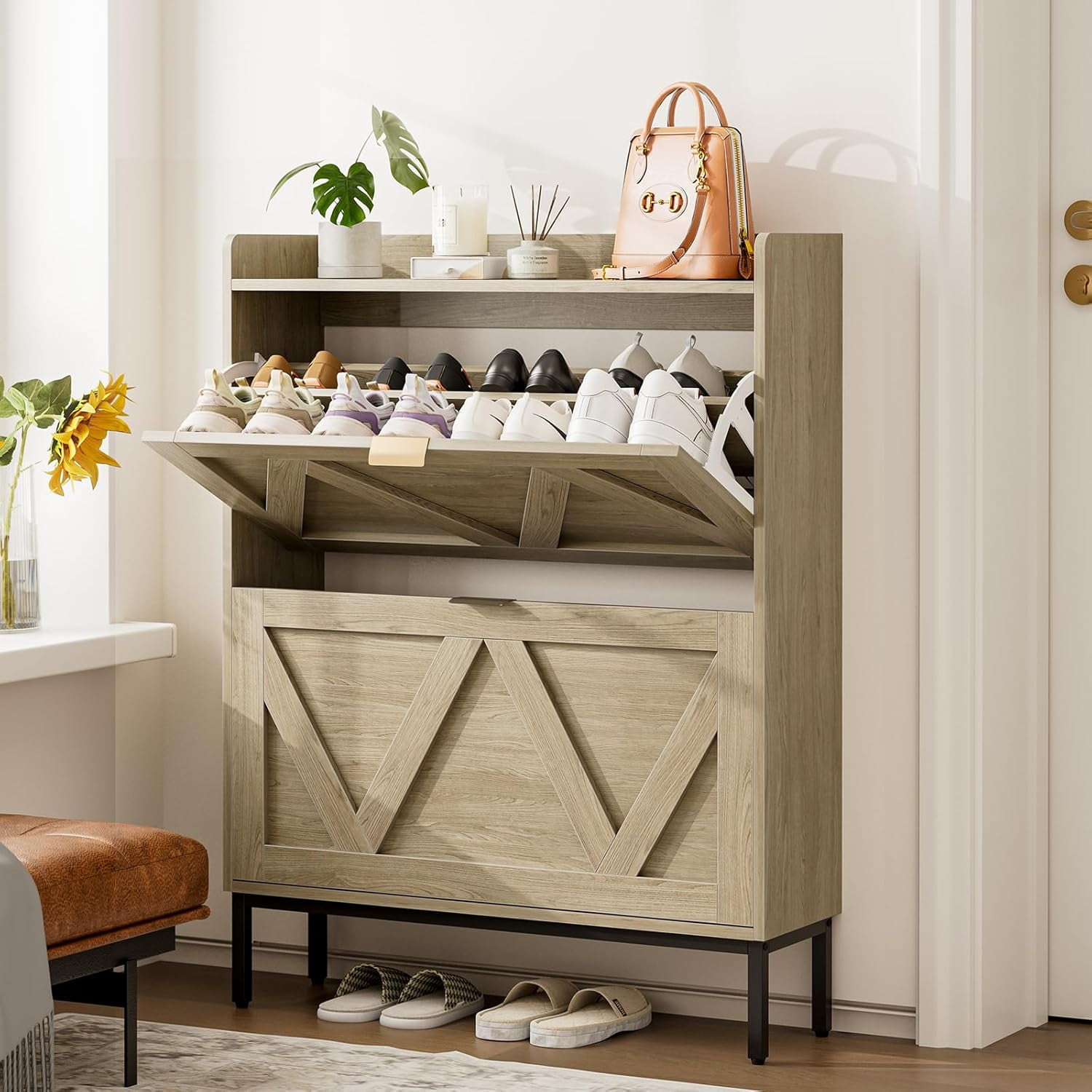 Shoe Storage Cabinet, Wooden Narrow Organizer with 2 Hidden Drawer ...