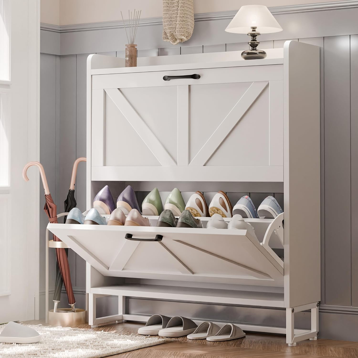 Shoe Storage Cabinet for Entryway, Hidden Shoe Cabinet with 2 Flip ...