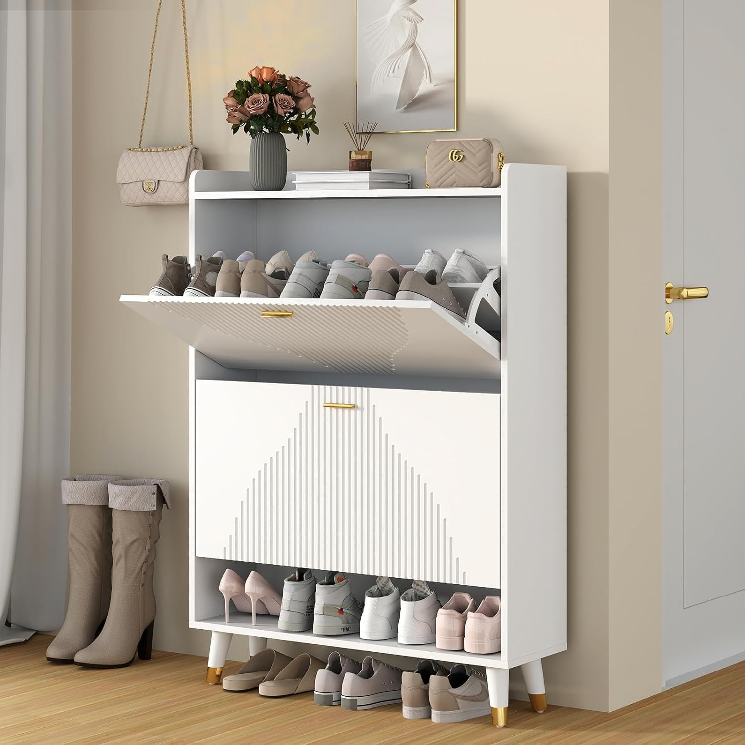 Shoe Storage Cabinet for Entryway Slim, Hidden Wooden Shoe Organizer ...
