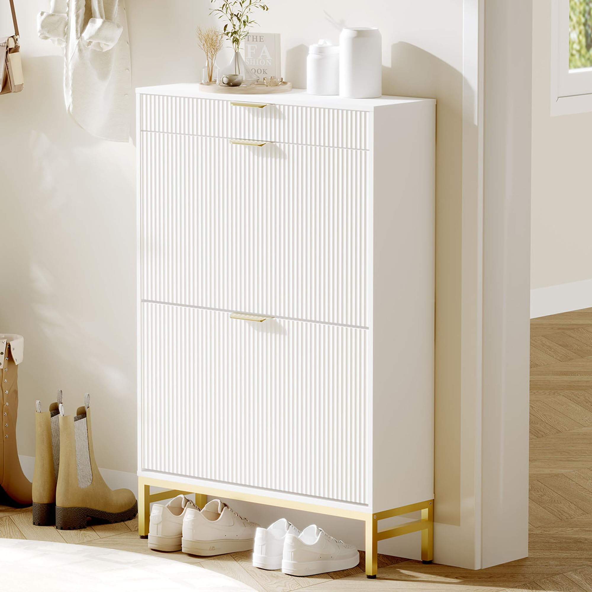 Shoe Storage Cabinet with 2 Flip Drawers &1 Small Drawer, Slim Entryway ...