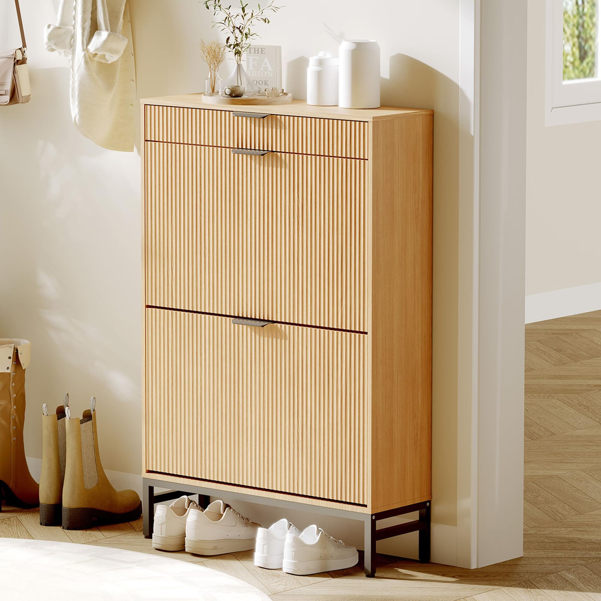 Shoe Storage Cabinet with 2 Flip Drawers &1 Small Drawer, Slim Entryway ...