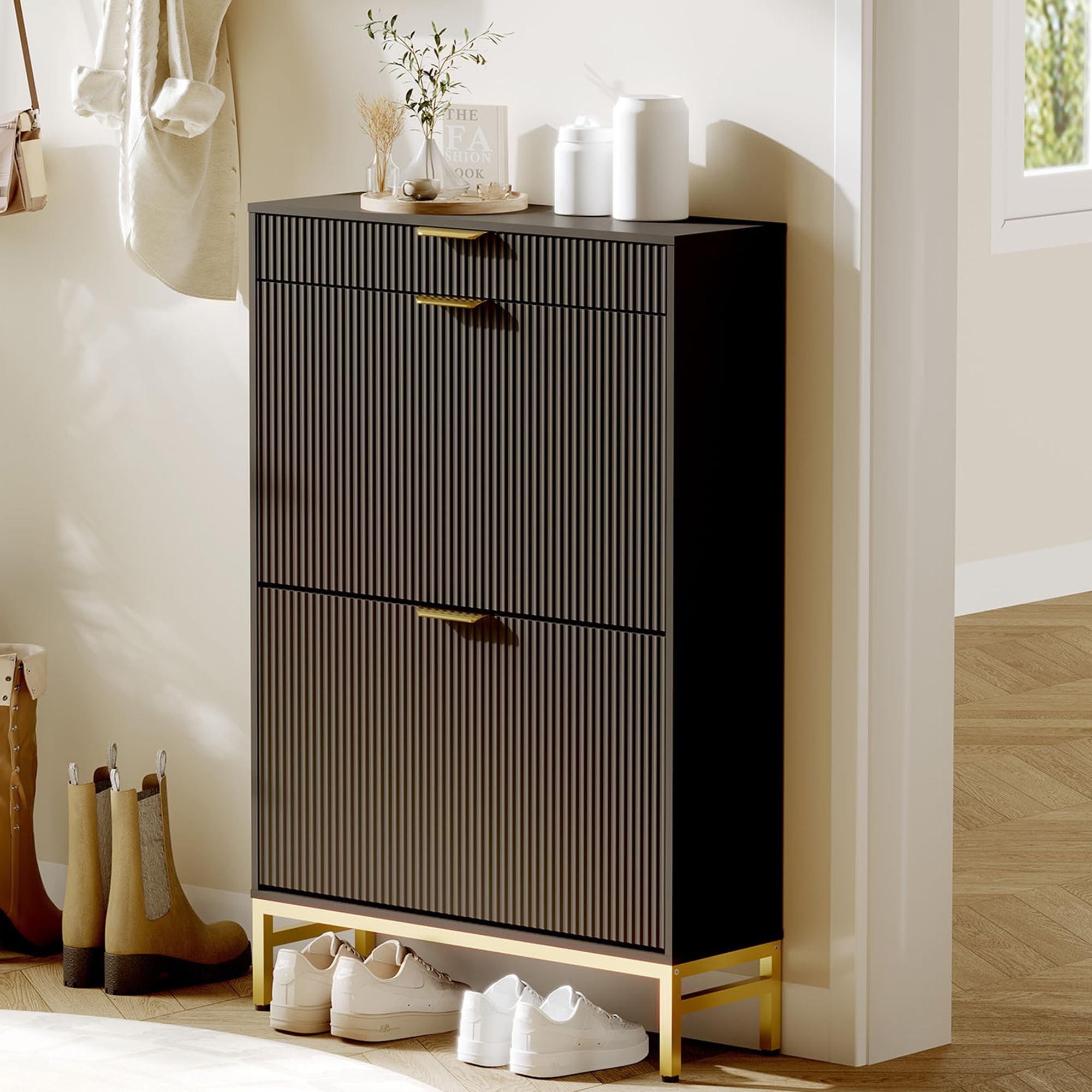 Shoe Storage Cabinet with 2 Flip Drawers &1 Small Drawer, Slim Entryway ...