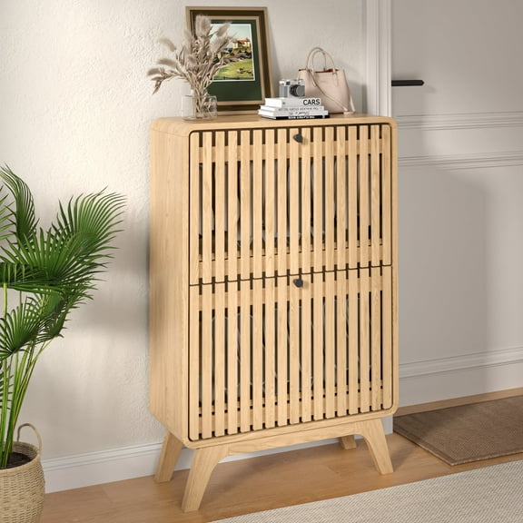 24" Modern Slatted Shoe Cabinet with 2 Drawers, Adjustable & Removable ...