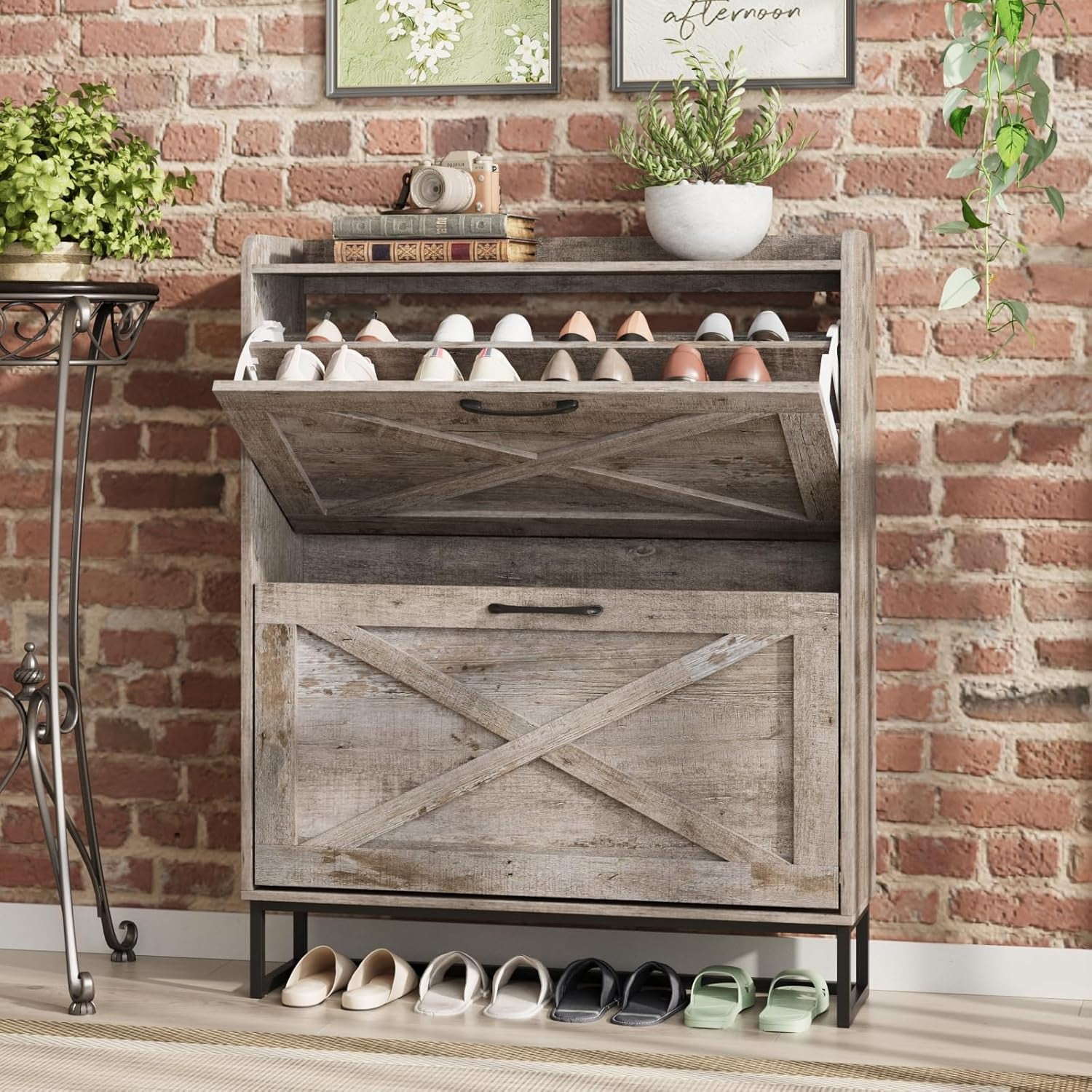 Shoe Storage Cabinet with 2 Flip Drawers, Freestanding Organizer with ...