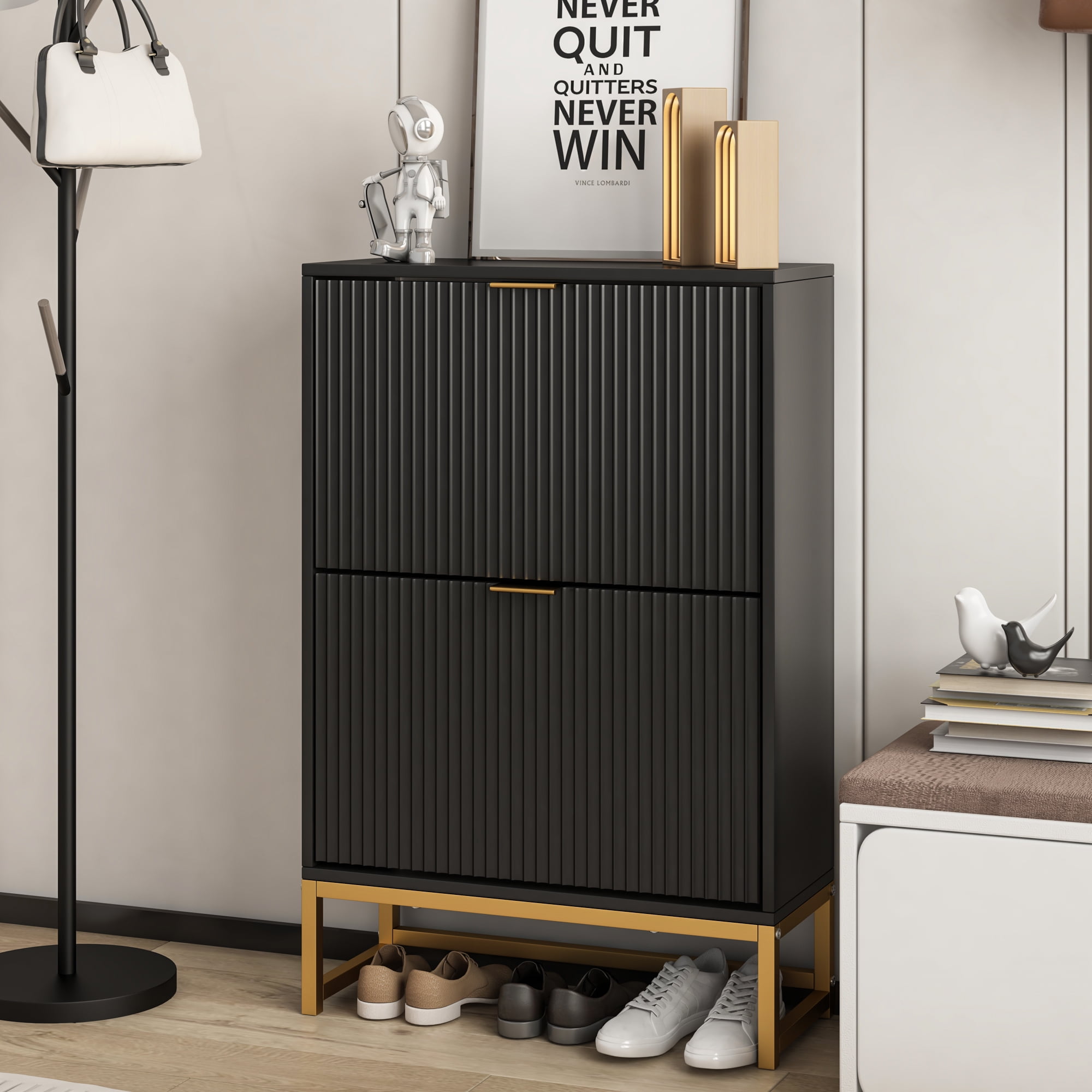 Shoe Storage Cabinet with 2 Flip Drawers, Wooden Tipping Shoe Dresser ...