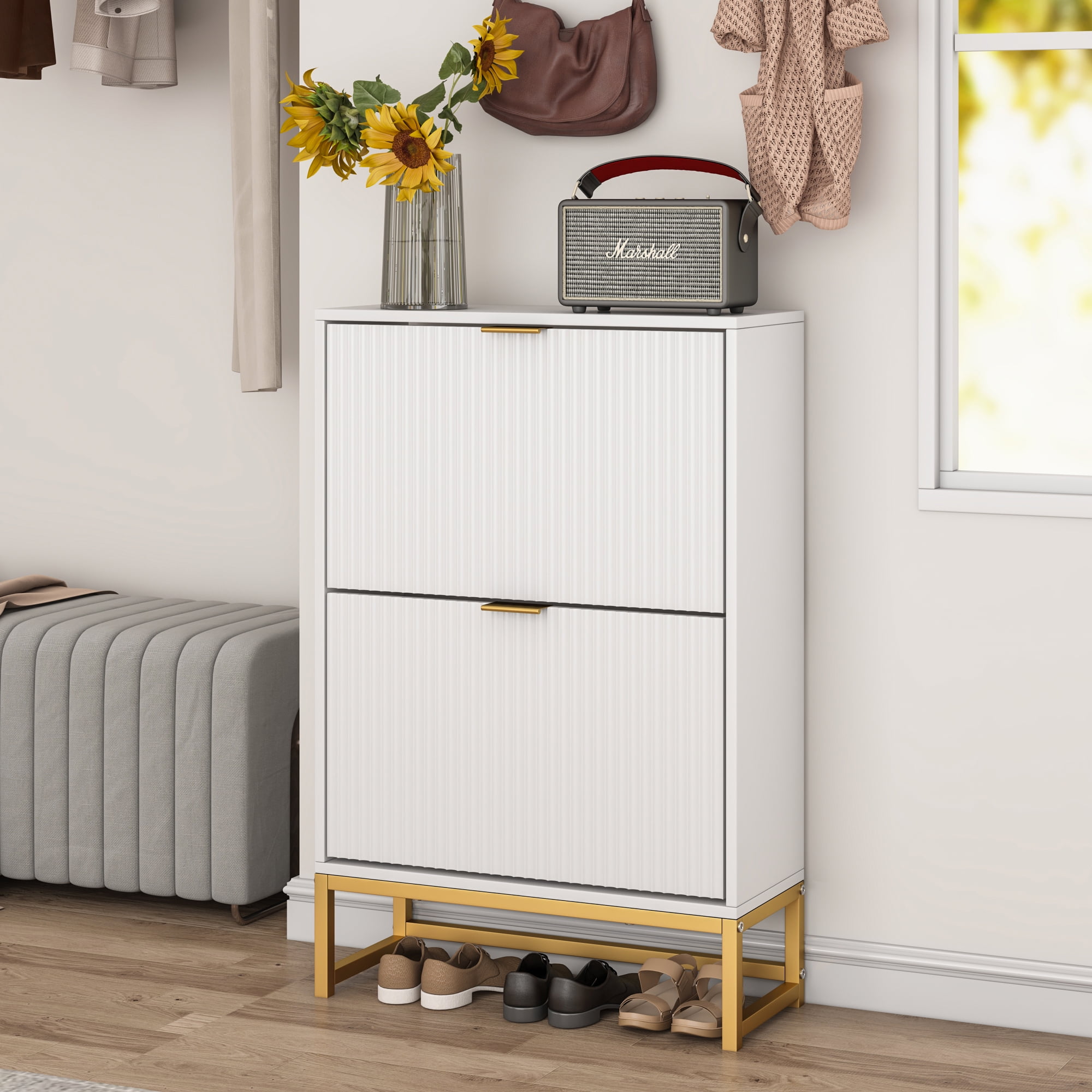 Shoe Storage Cabinet with 2 Flip Drawers, Wooden Tipping Shoe Dresser ...