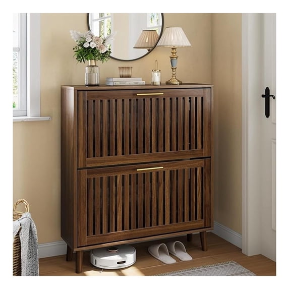 Shoe Storage Cabinet with 2 Slatted Drawers, Narrow Wood Shoe Cabinet ...