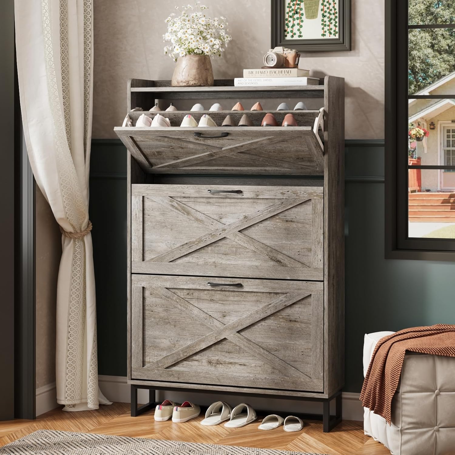 Shoe Storage Cabinet with 3 Flip Drawers, Freestanding Organizer with ...
