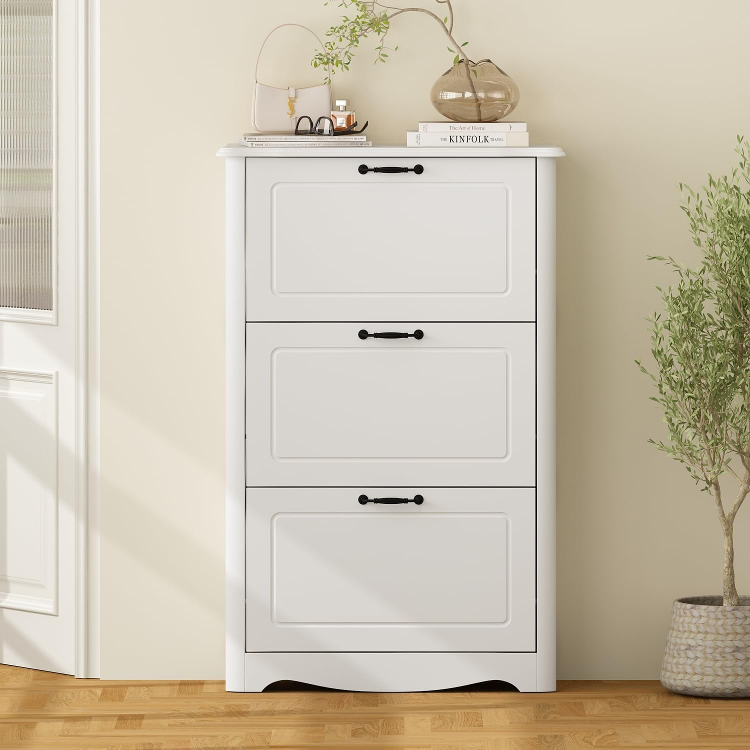 Shoe Storage Cabinet with 3 Flip Drawers, Hidden Wood Shoe Rack Cabinet ...