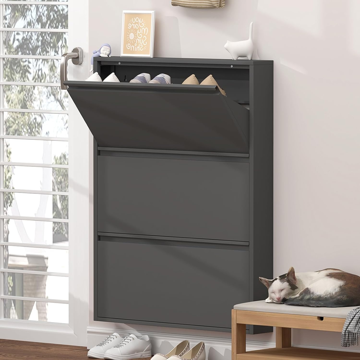 Shoe Storage Cabinet with 3 Flip Drawers, Narrow Hidden Shoe Cabinet ...