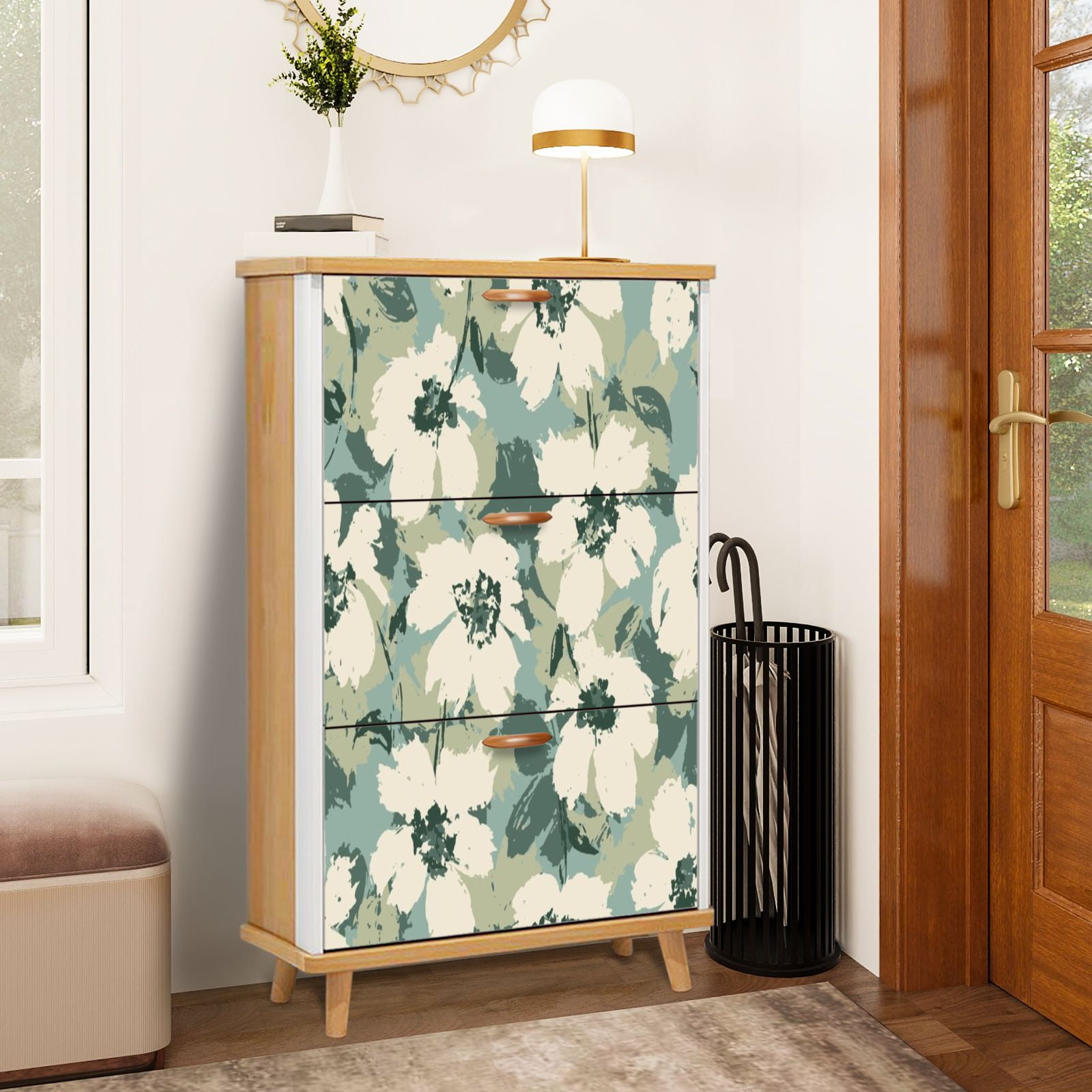 Shoe Storage Cabinet with 3 Flip Drawers for Abstract green floral ...