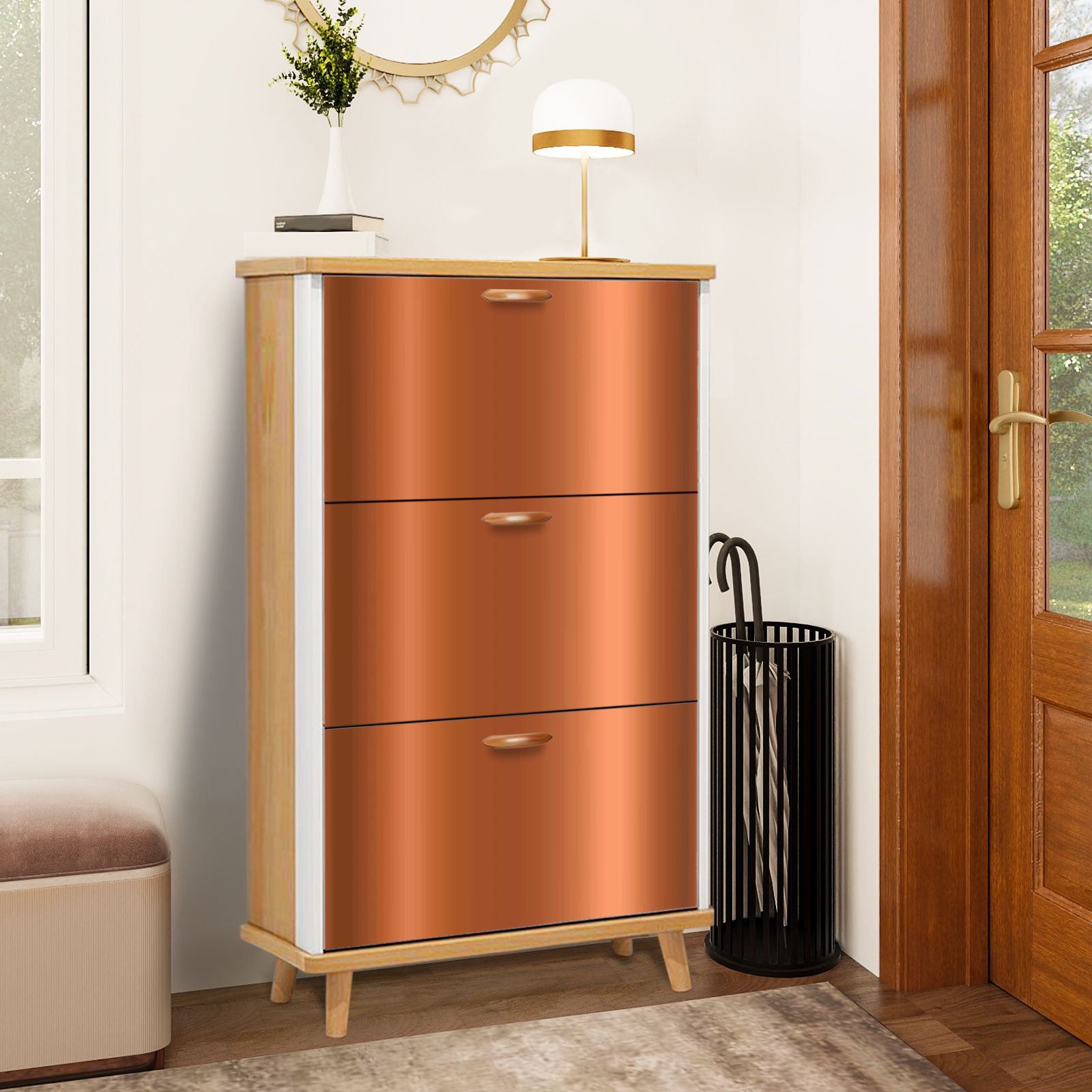 Shoe Storage Cabinet with 3 Flip Drawers for Copper foil texture golden ...