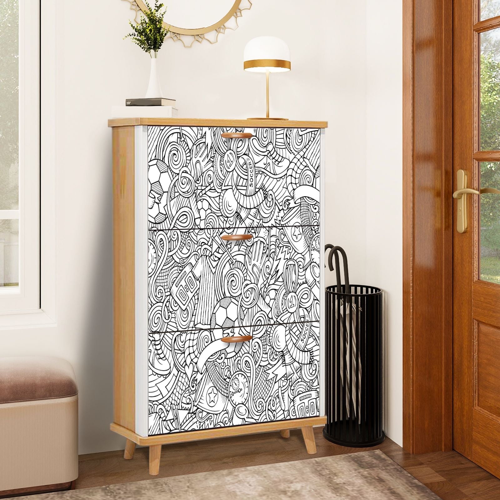 Shoe Storage Cabinet with 3 Flip Drawers for Entryway Cartoon doodles ...