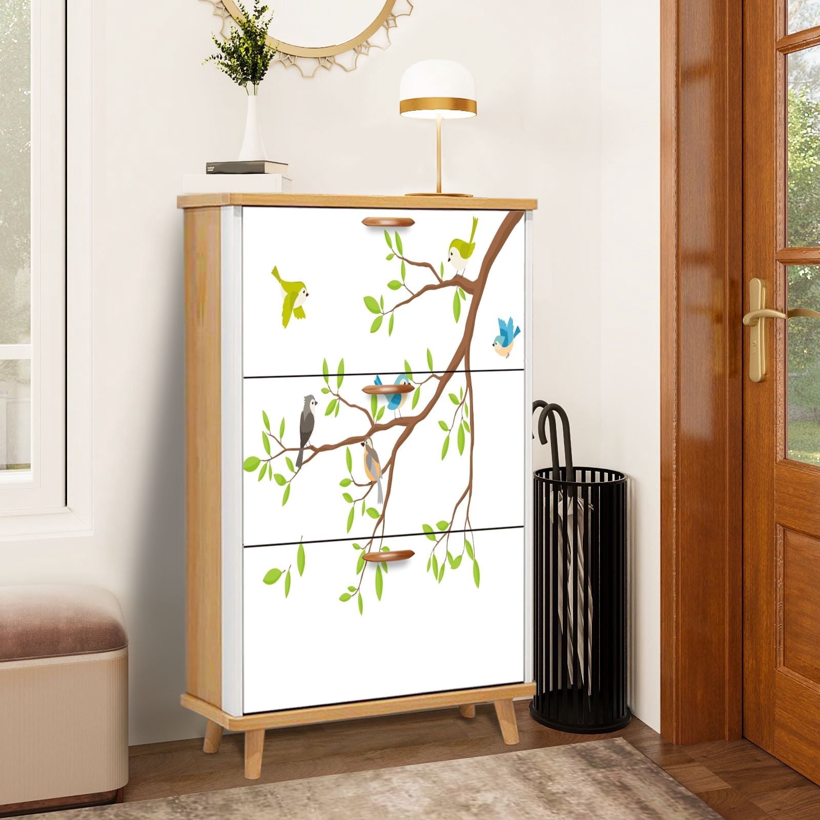 Shoe Storage Cabinet with 3 Flip Drawers for Entryway Cute birds tree ...