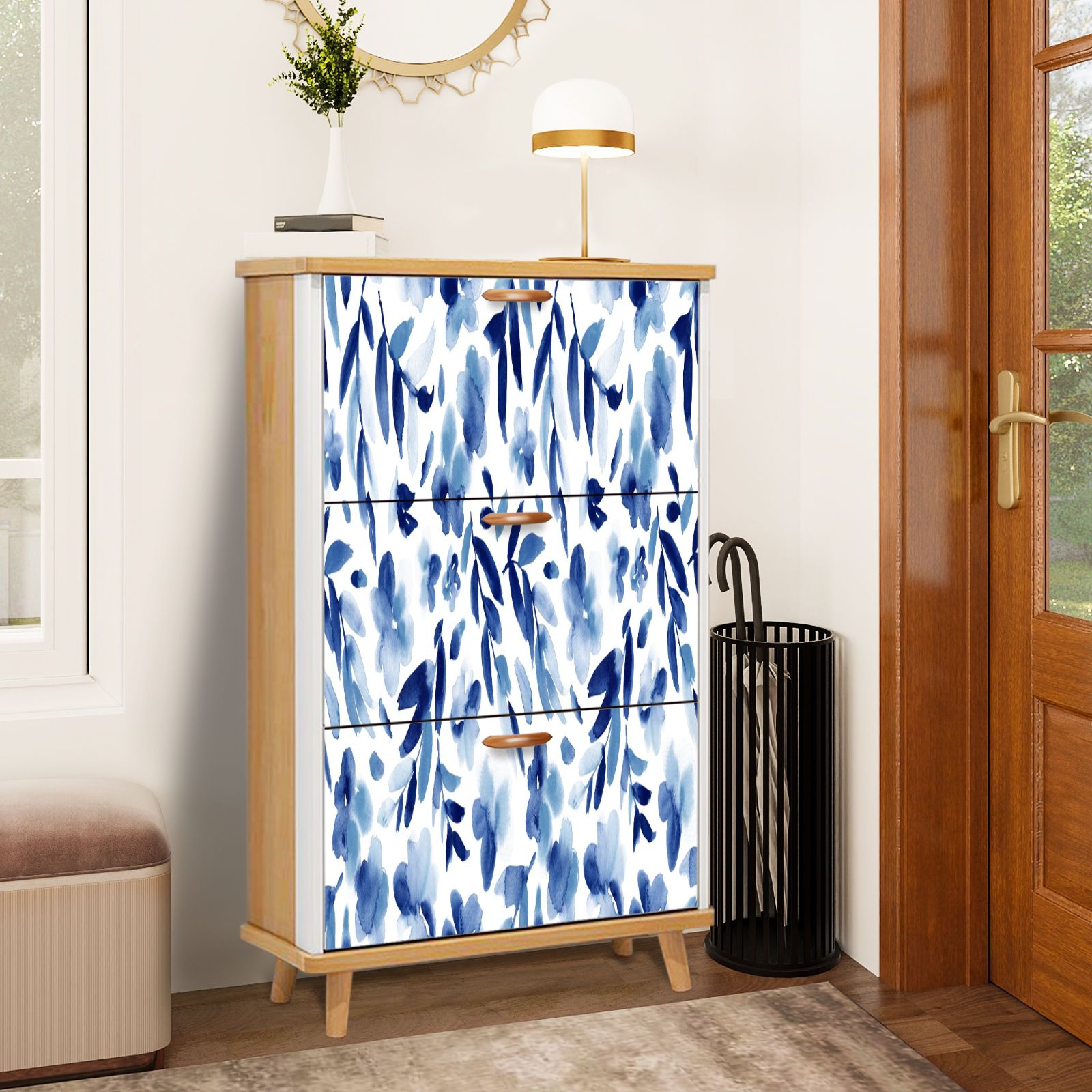 Shoe Storage Cabinet with 3 Flip Drawers for Entryway Floral blue white ...