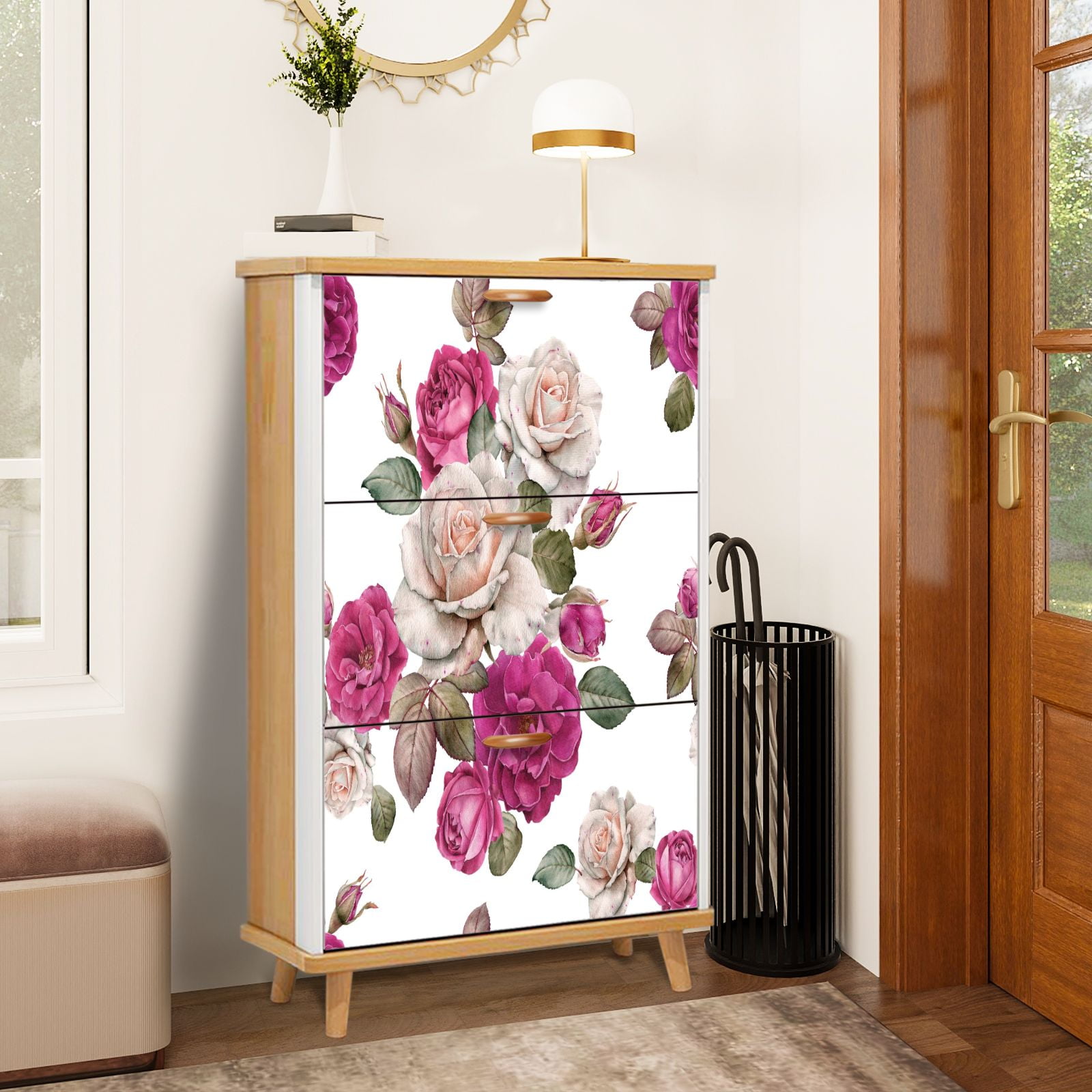 Shoe Storage Cabinet with 3 Flip Drawers for Entryway Floral seamless ...