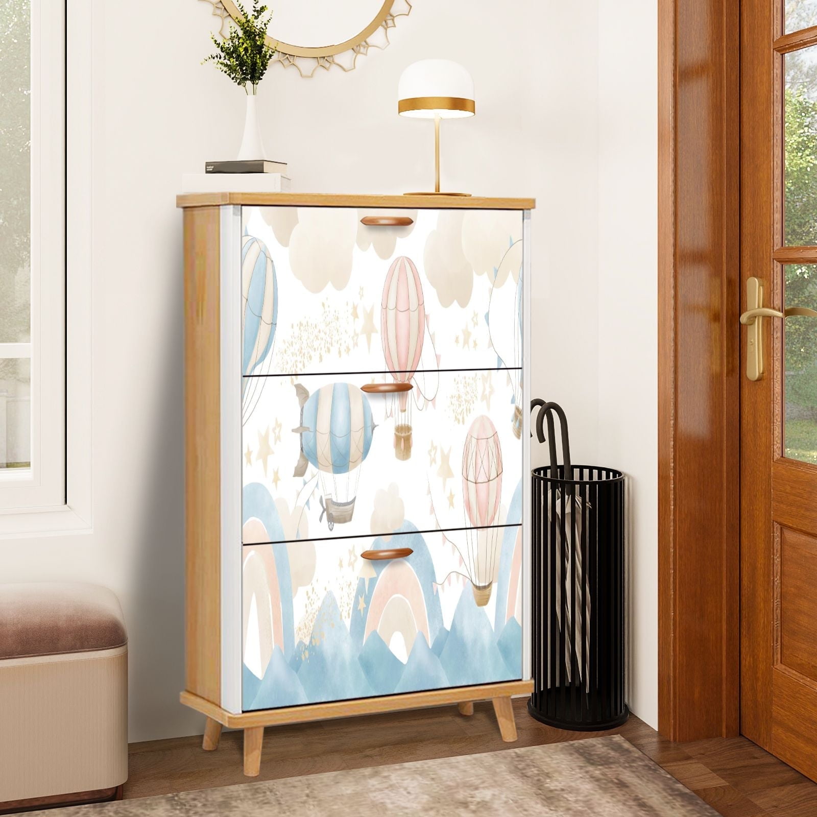 Shoe Storage Cabinet with 3 Flip Drawers for Entryway Hot Air Balloons ...