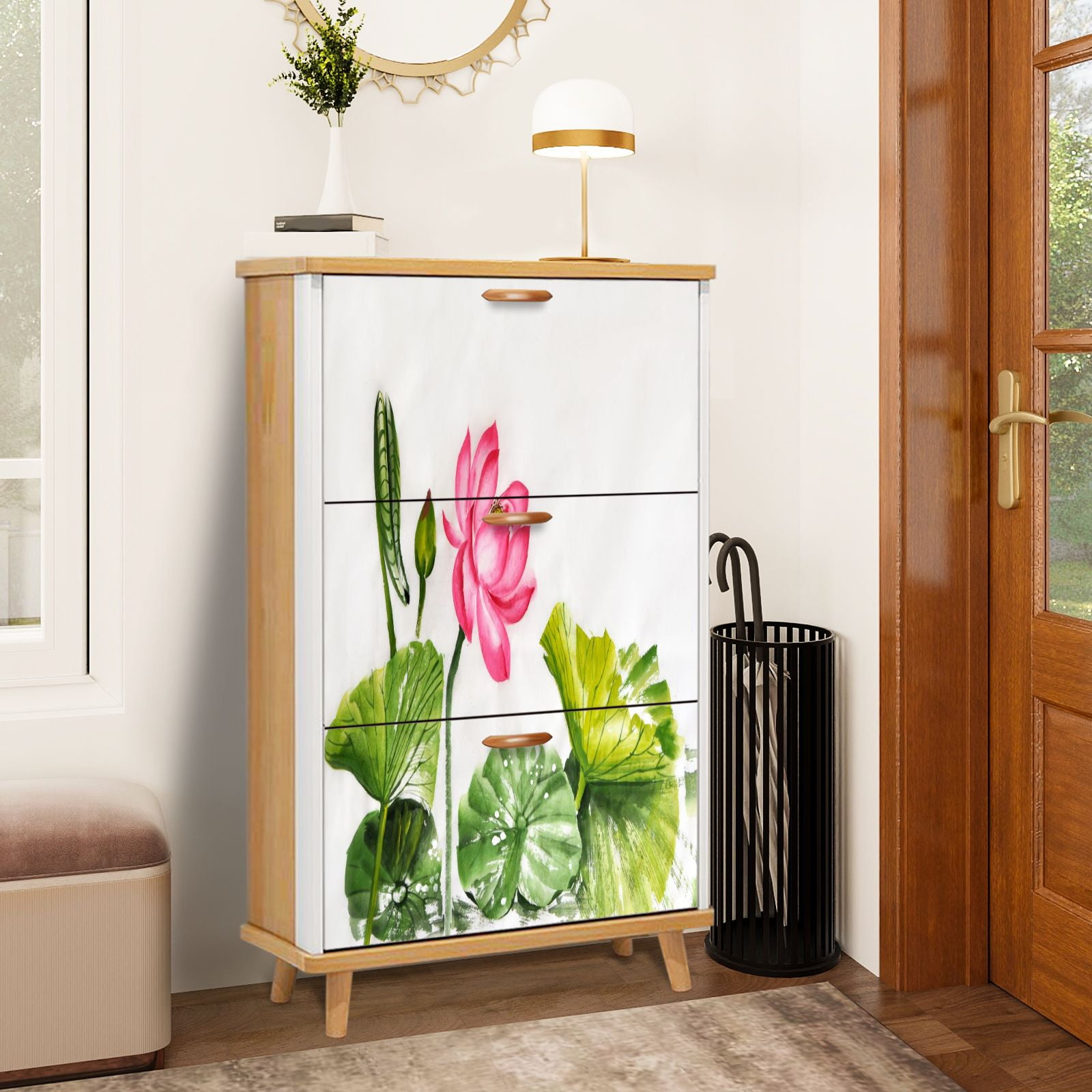 Shoe Storage Cabinet with 3 Flip Drawers for Entryway Lotus flower ...