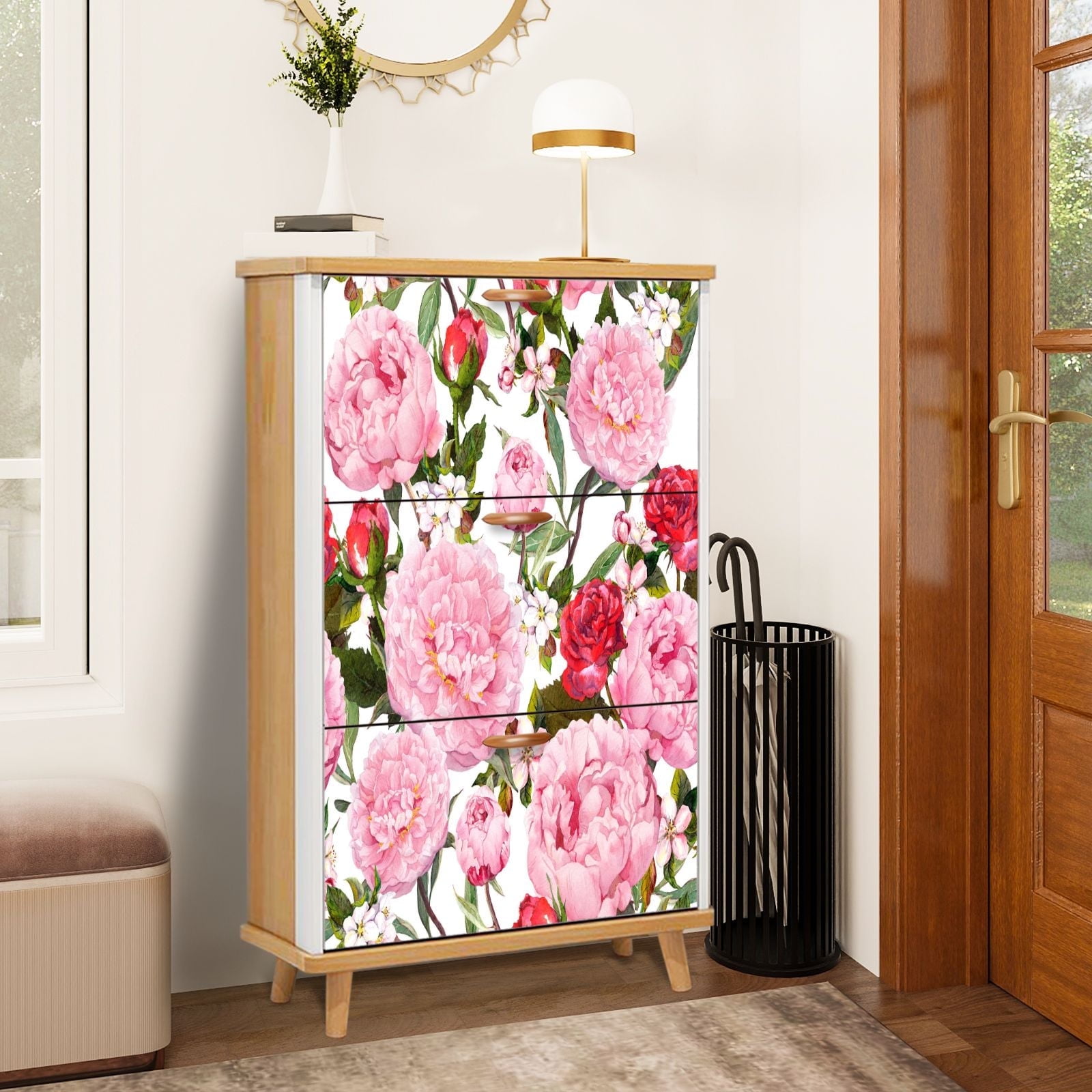 Shoe Storage Cabinet with 3 Flip Drawers for Entryway Peony flowers red ...