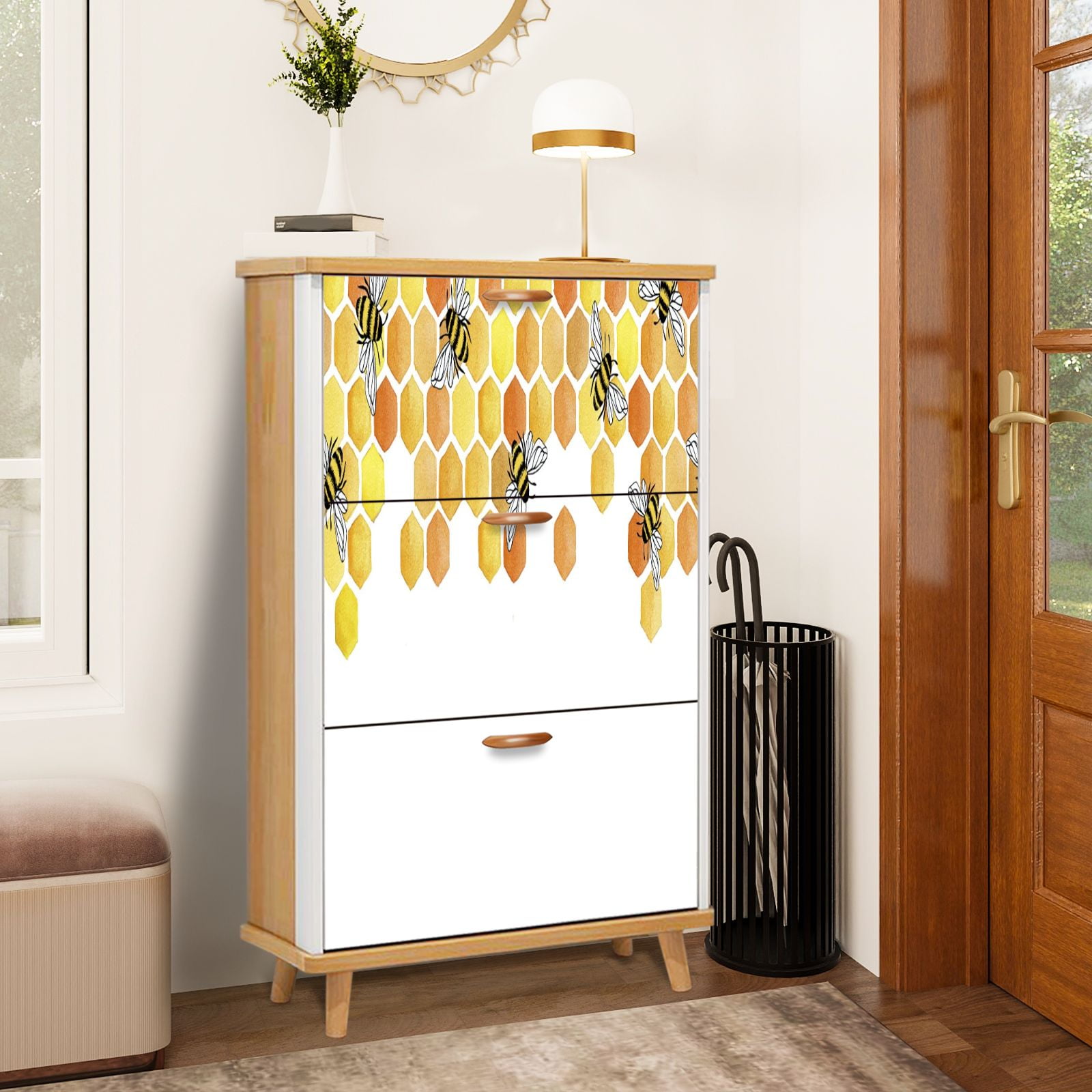 Shoe Storage Cabinet with 3 Flip Drawers for Entryway Seamless border frame honeycomb bees cute ...