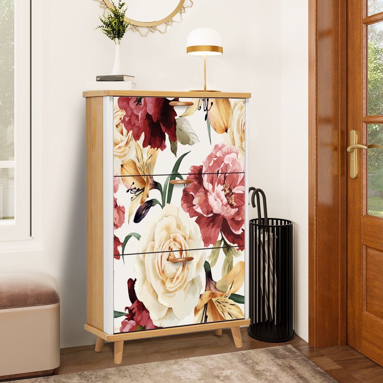 Shoe Storage Cabinet with 3 Flip Drawers for Entryway Seamless floral ...