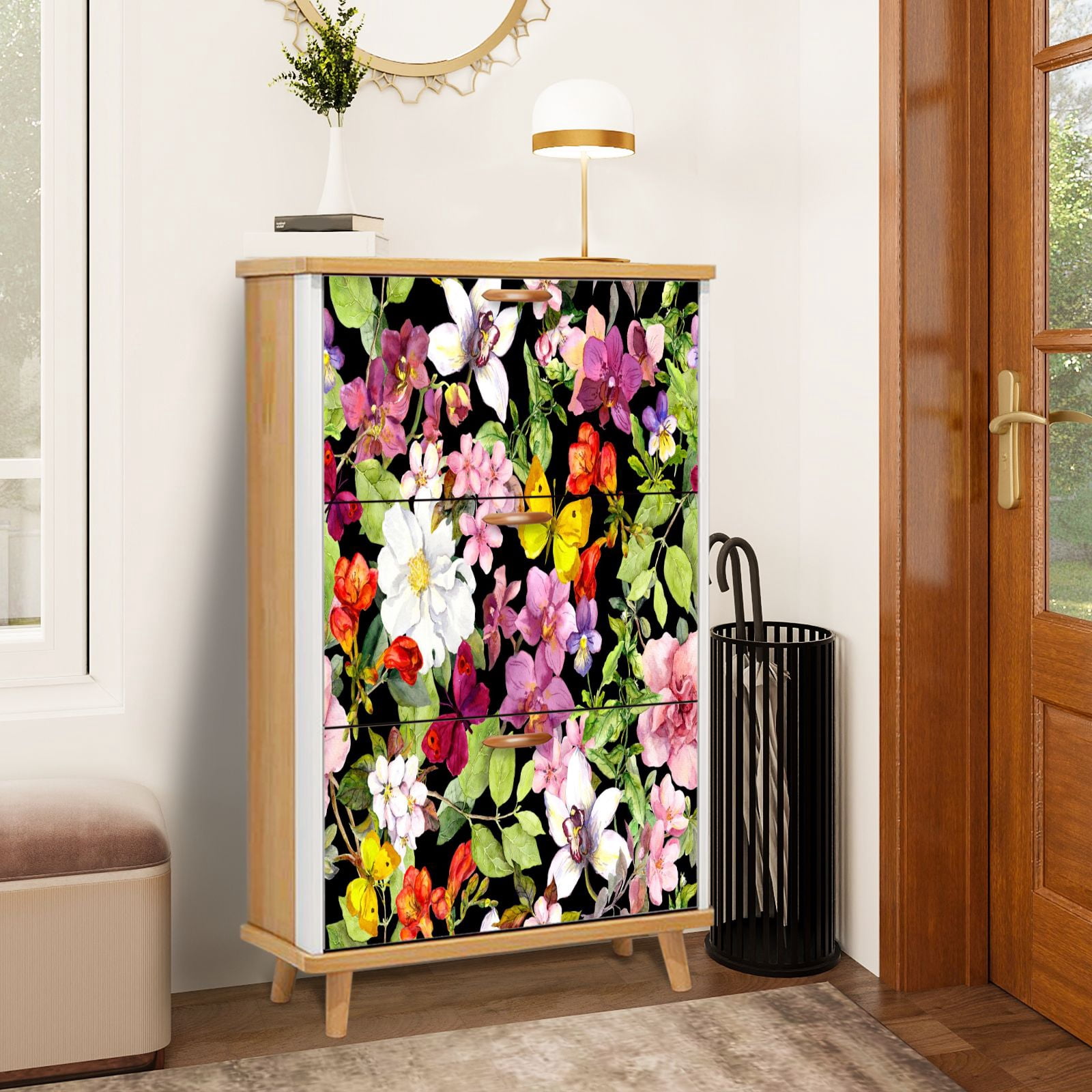 Shoe Storage Cabinet with 3 Flip Drawers for Entryway Summer flowers ...