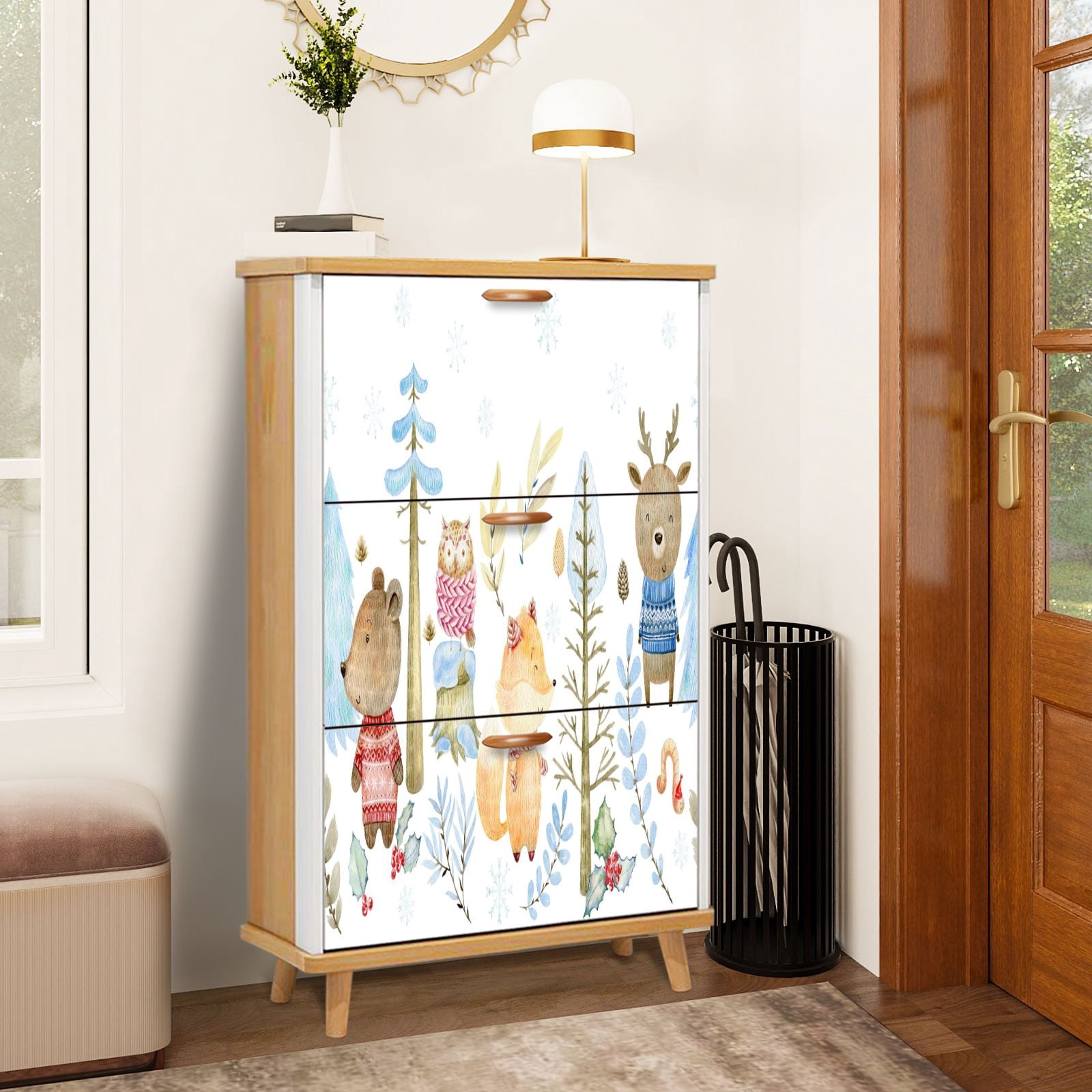 Shoe Storage Cabinet with 3 Flip Drawers for Entryway Watercolor forest ...