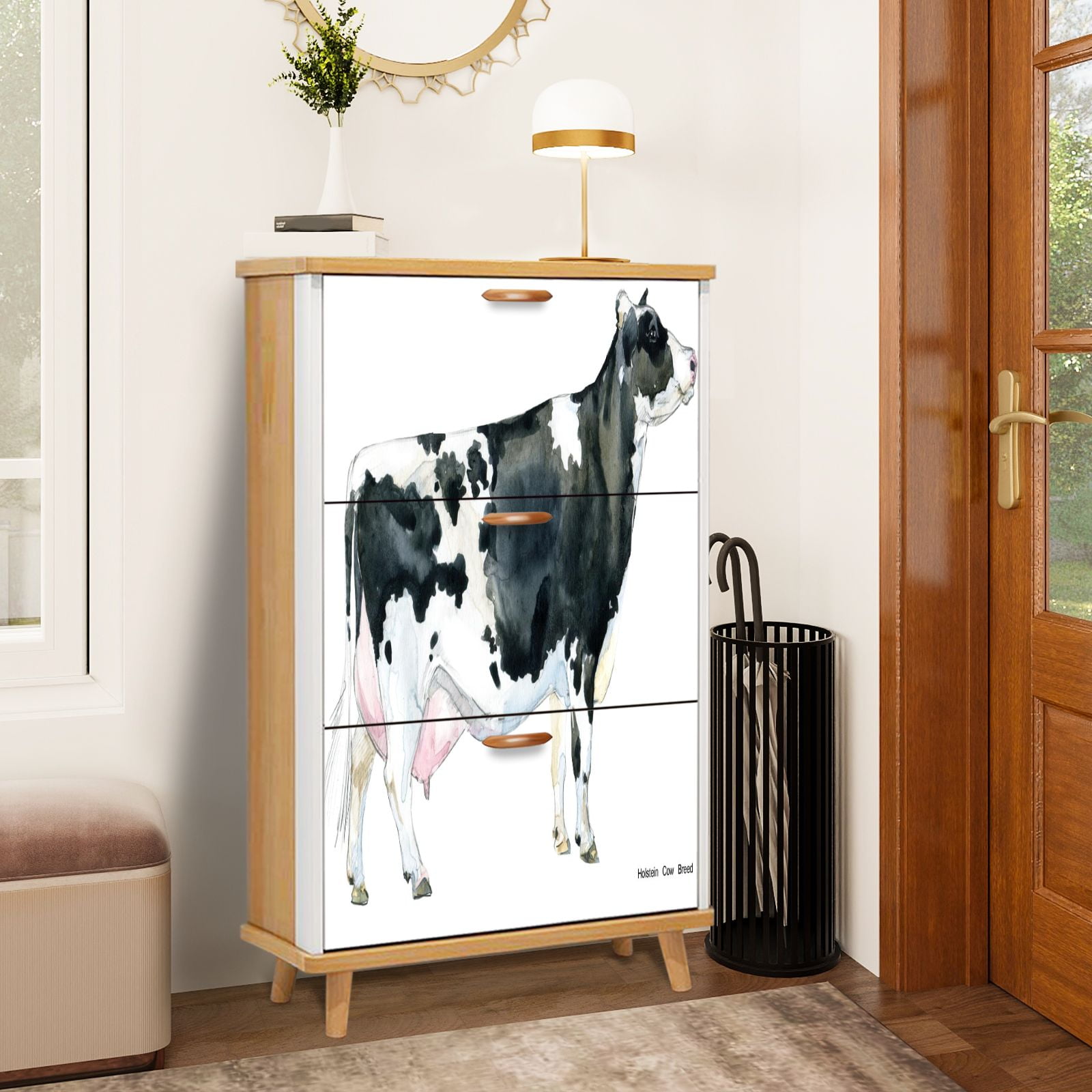 Shoe Storage Cabinet with 3 Flip Drawers for Entryway cow watercolor ...