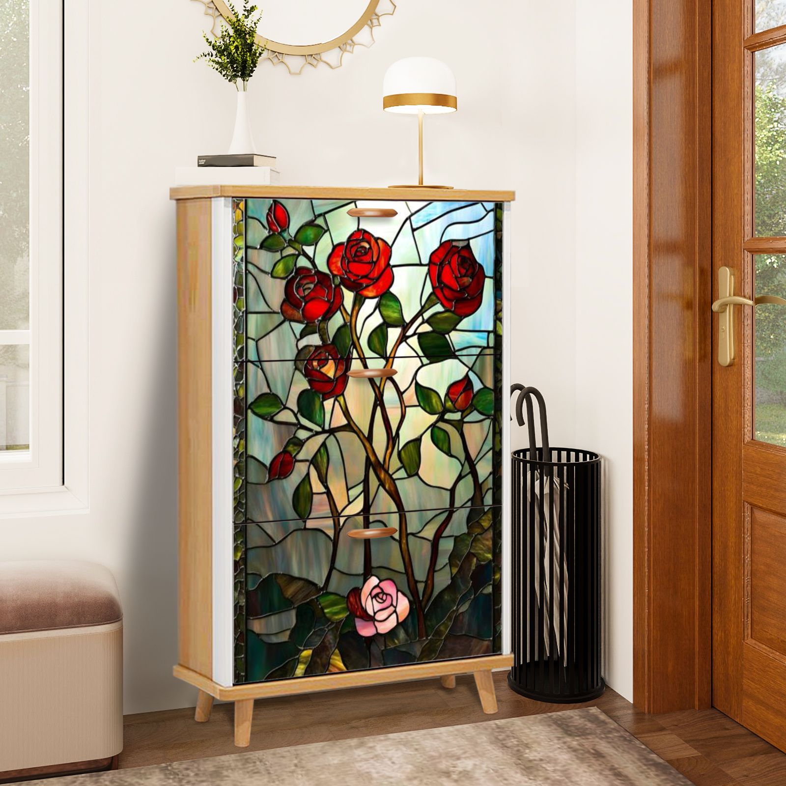 Shoe Storage Cabinet with 3 Flip Drawers for Floral Stained Glass ...