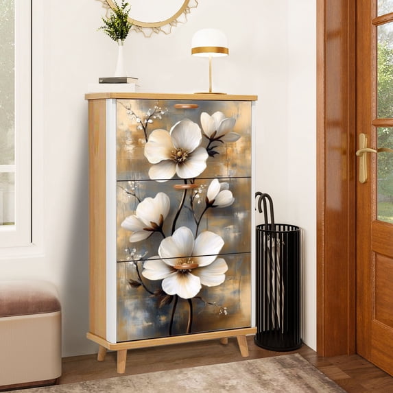 Shoe Storage Cabinet with 3 Flip Drawers for Hand Painted Flower Oil ...