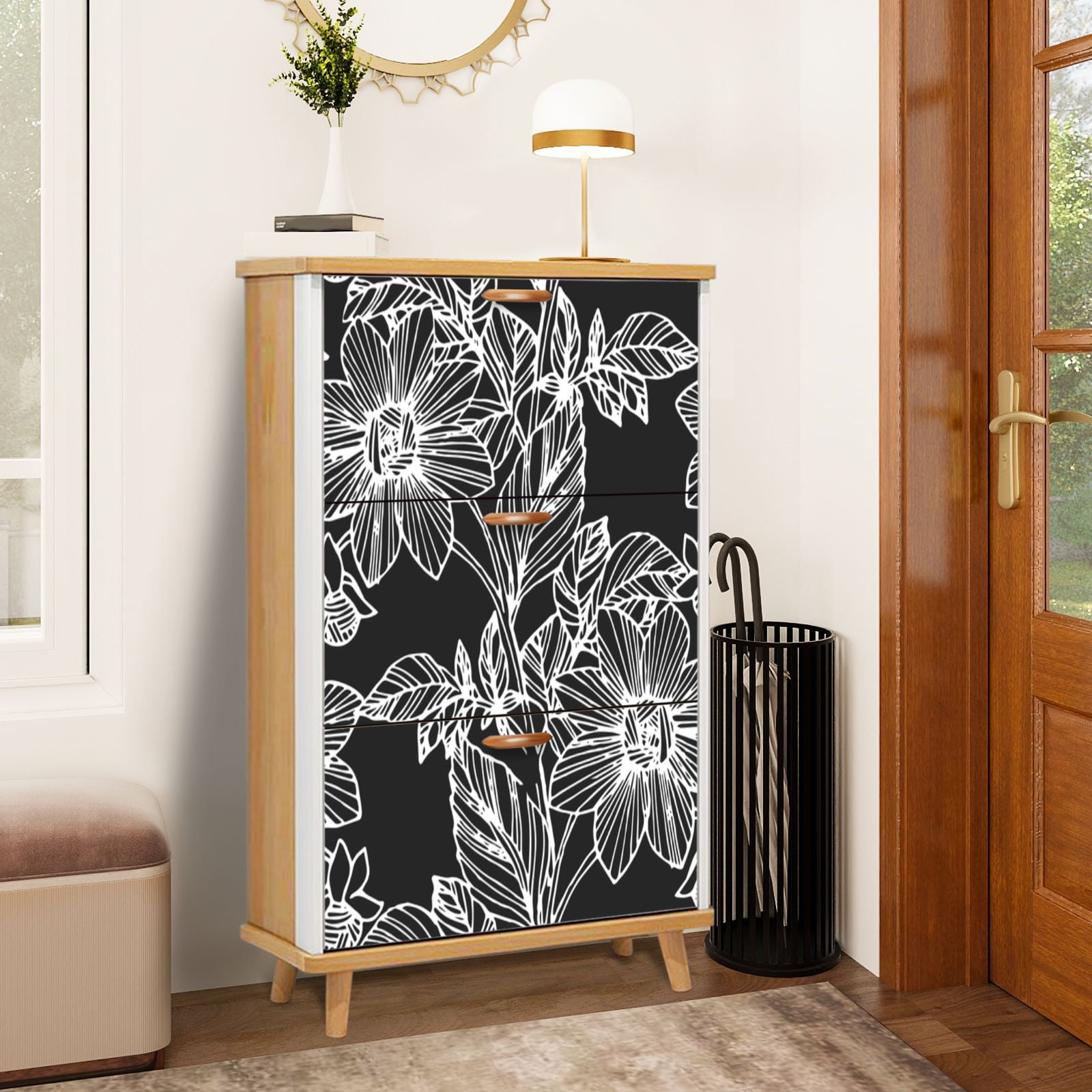 Shoe Storage Cabinet with 3 Flip Drawers for Hand drawn summer floral ...