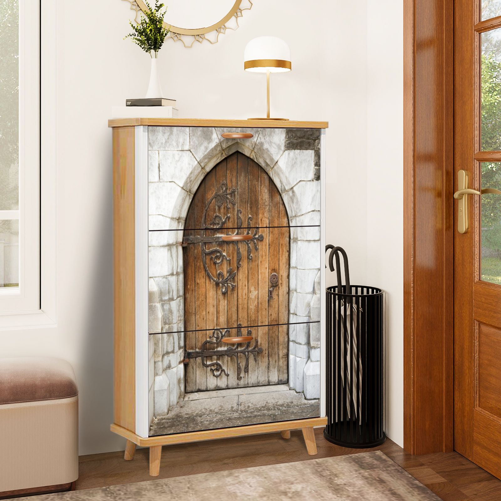 Shoe Storage Cabinet with 3 Flip Drawers for Medieval church door Shoe ...